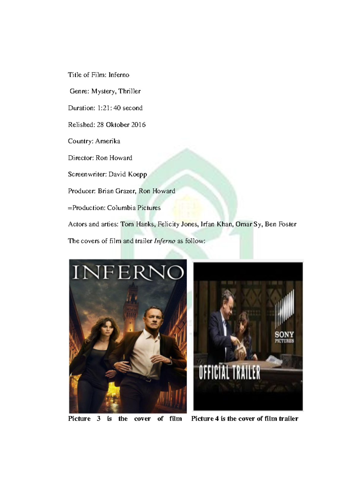 Adaptation of Novel into Film Inferno 2016 20 - Title of Film: Inferno ...