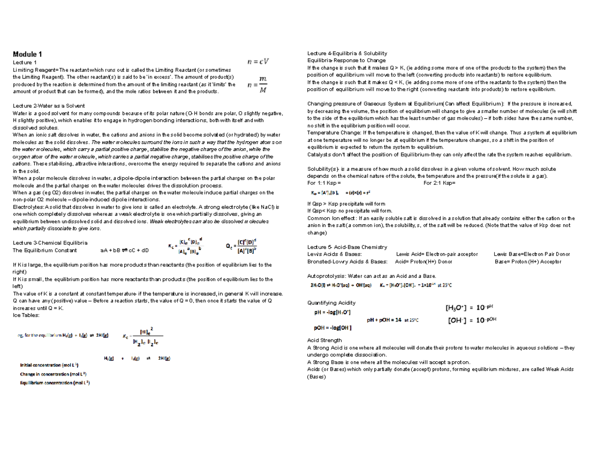 M1 Summary Chem - Module 1 Lecture 1 Limiting reactant which runs out ...