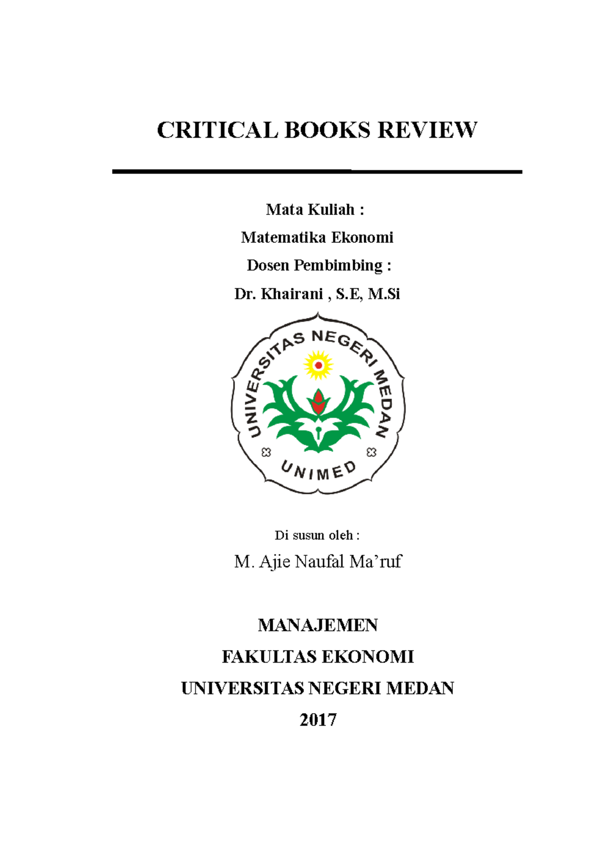 CBR Mateko AJIE - matematika ekonomi - CRITICAL BOOKS REVIEW Mata Kuliah : Matematika Ekonomi ...