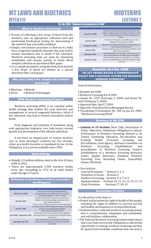 RA 9288 Newborn Screening Act - HHIS221 | MIDTERM | 2ND SEMESTER Note ...