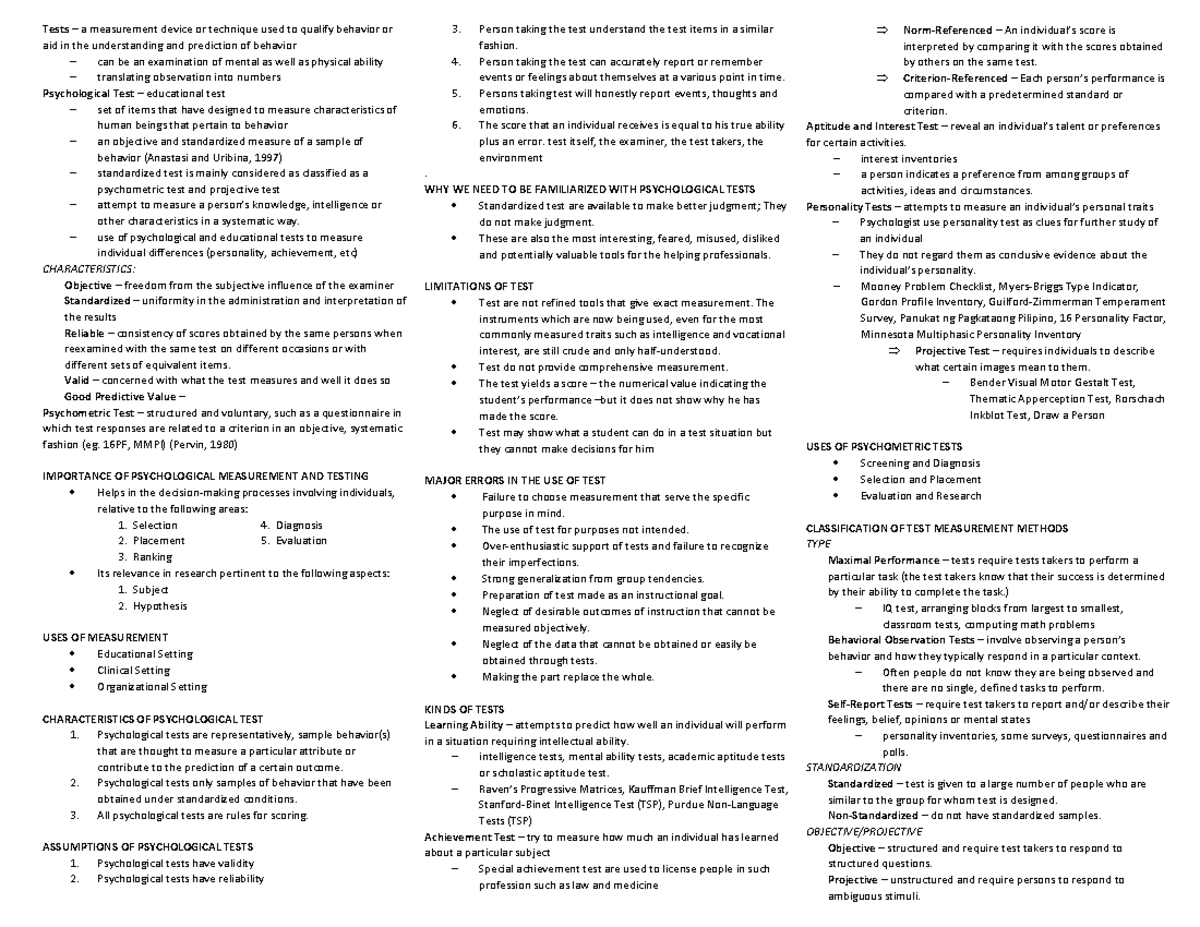 Psych- Asses- Reviewer - Tests – a measurement device or technique used ...