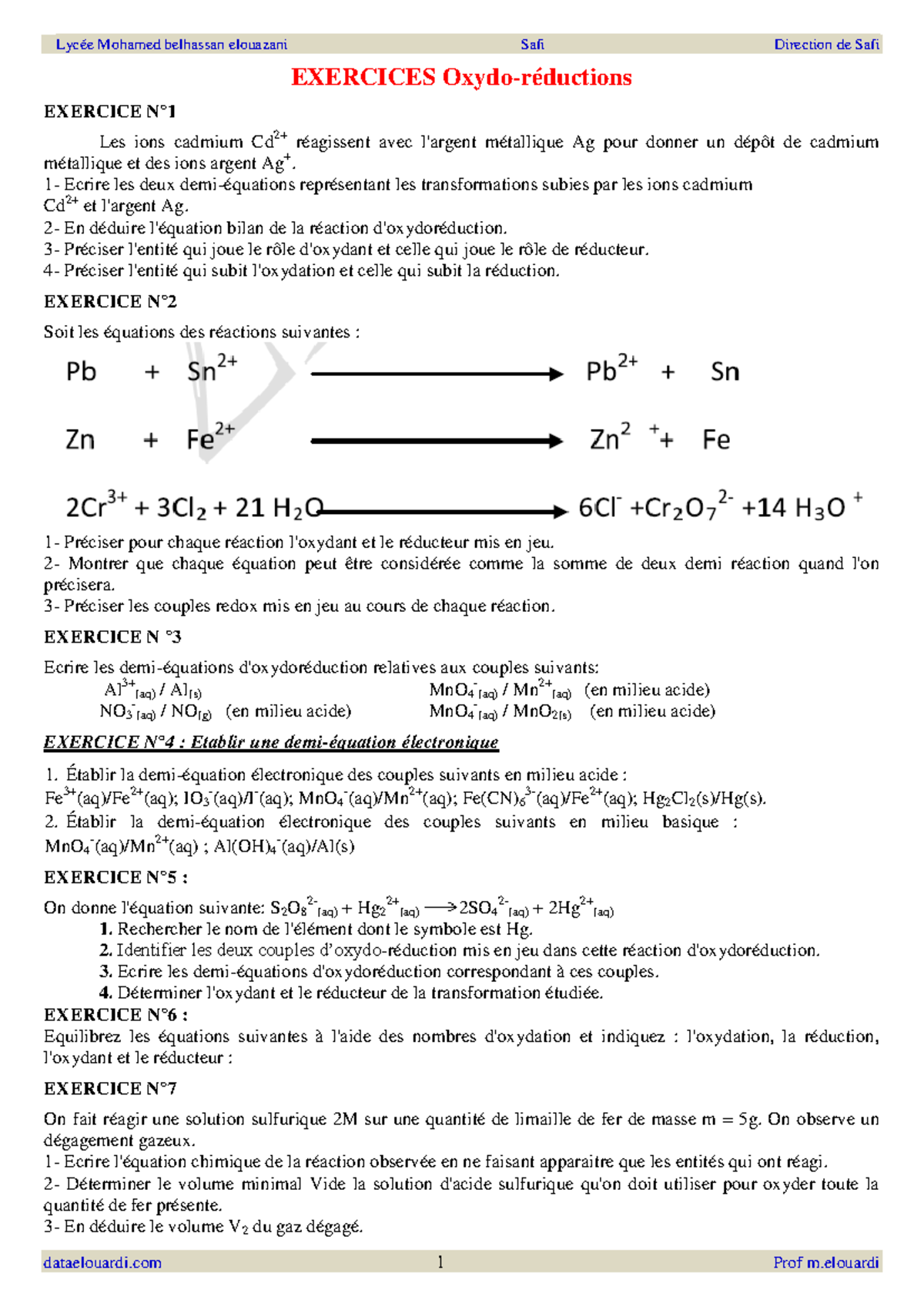 Exercices-Oxydo-reduction - EXERCICES Oxydo-réductions EXERCICE N° Les ...