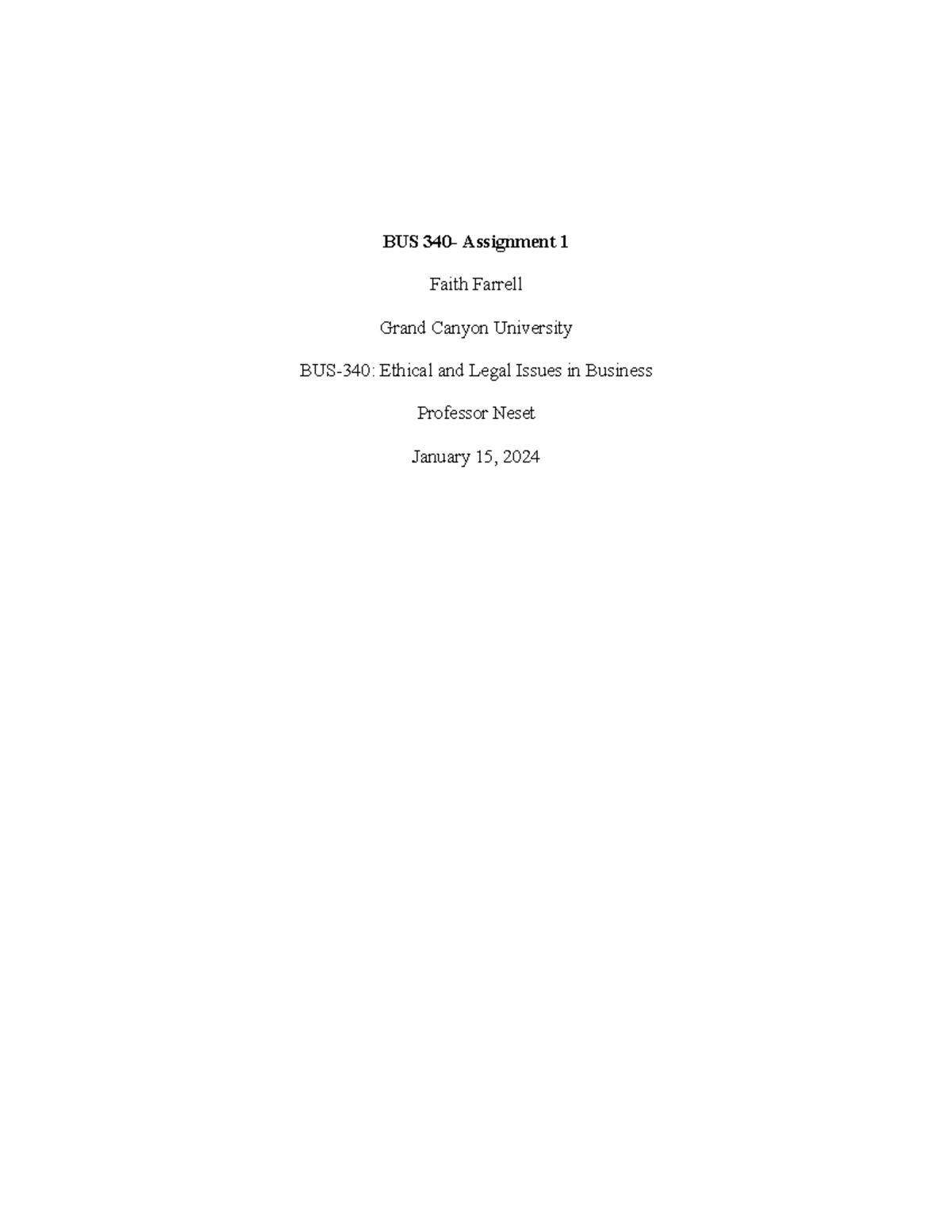 BUS 340 A1 - BUS 340- Assignment 1 Faith Farrell Grand Canyon ...