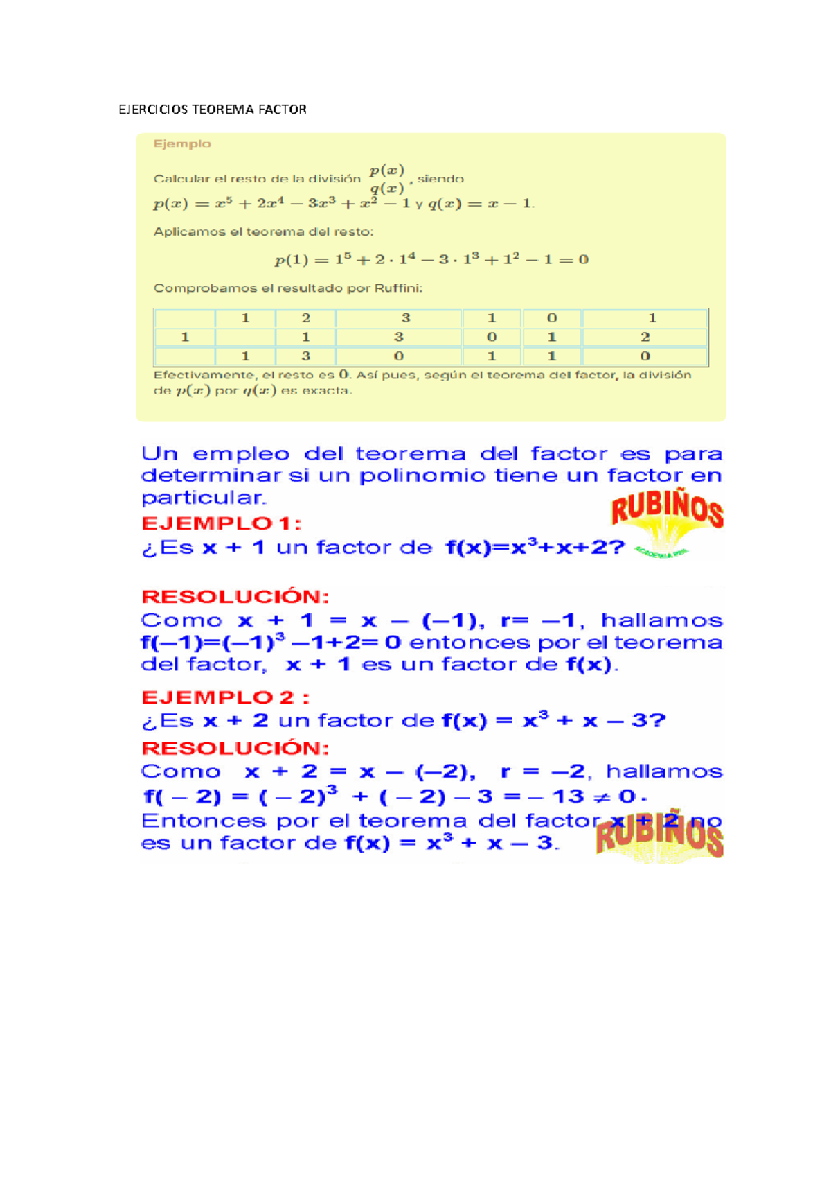 Ejercicios Teorema Factor - Matematicas - EJERCICIOS TEOREMA FACTOR ...