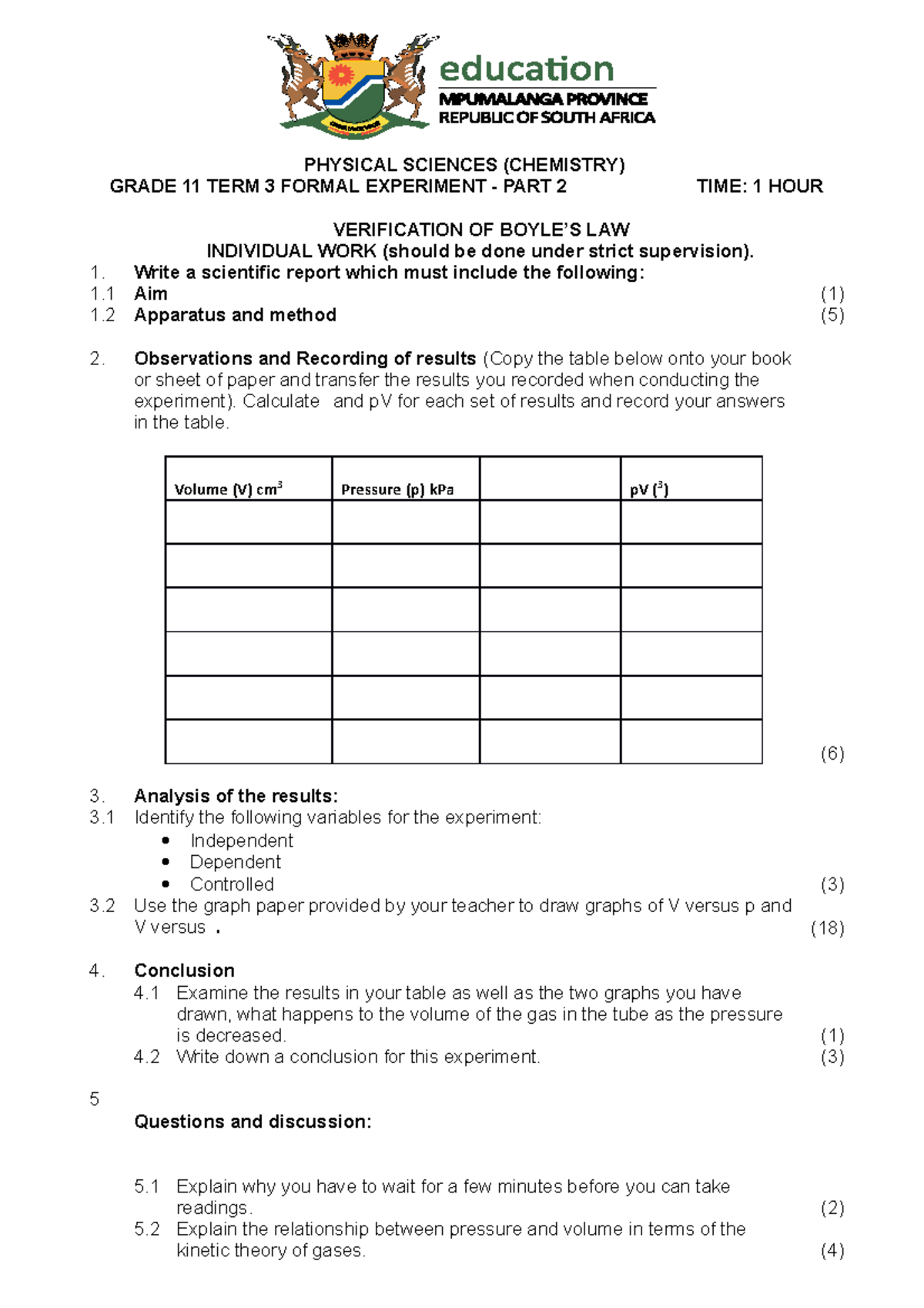 Grade 11 TERM 3 Formal Experiment Boyle S LAW Part 2 2 PHYSICAL 
