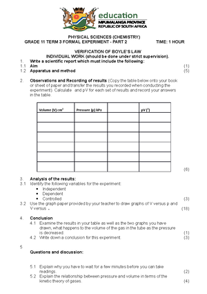 Grade 11 TERM 3 Formal Experiment Marking Guideline( Boyle'S LAW-Part 2 ...