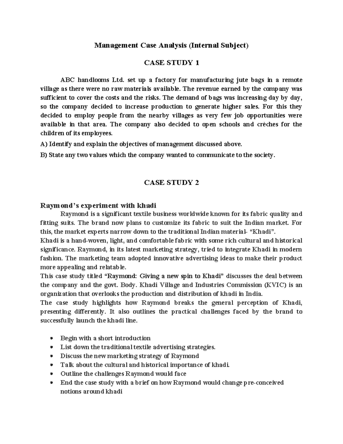 Case study sub MCA - Management Case Analysis (Internal Subject) CASE ...