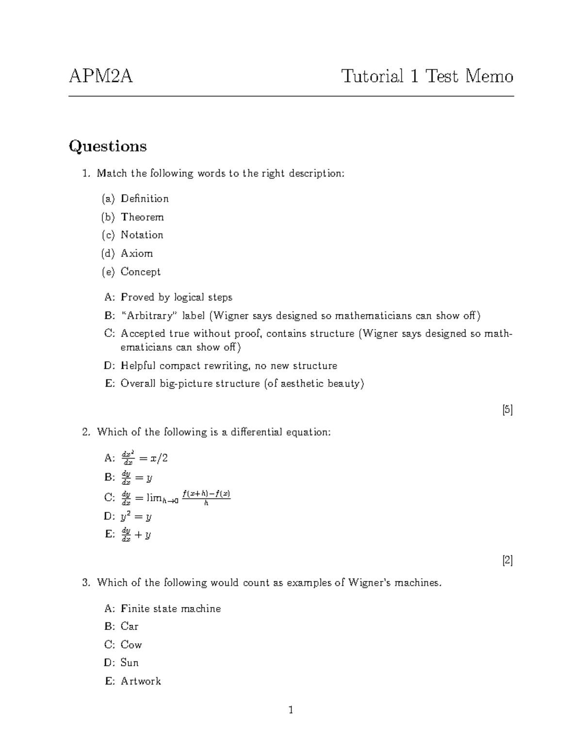 Tut Test 1 Memo Tut Test 1 Memo Apm2a Tutorial 1 Test Memo Questions 1 Match The Following