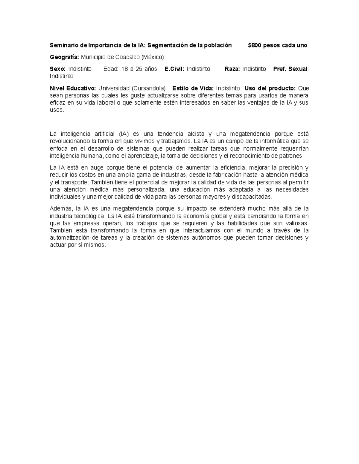 Seminario de Importancia de la IA - Sexual: Indistinto Nivel Educativo ...