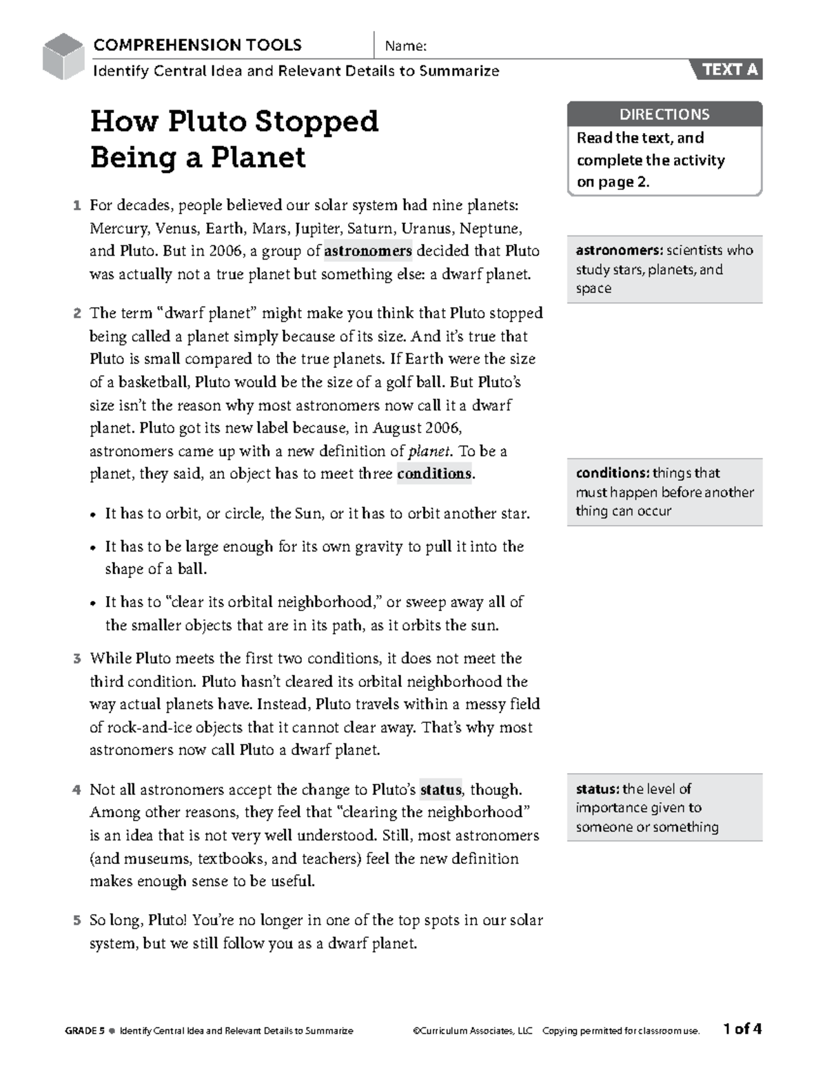 How Pluto Stopped Being a Planet - Identify Central Idea and Relevant ...