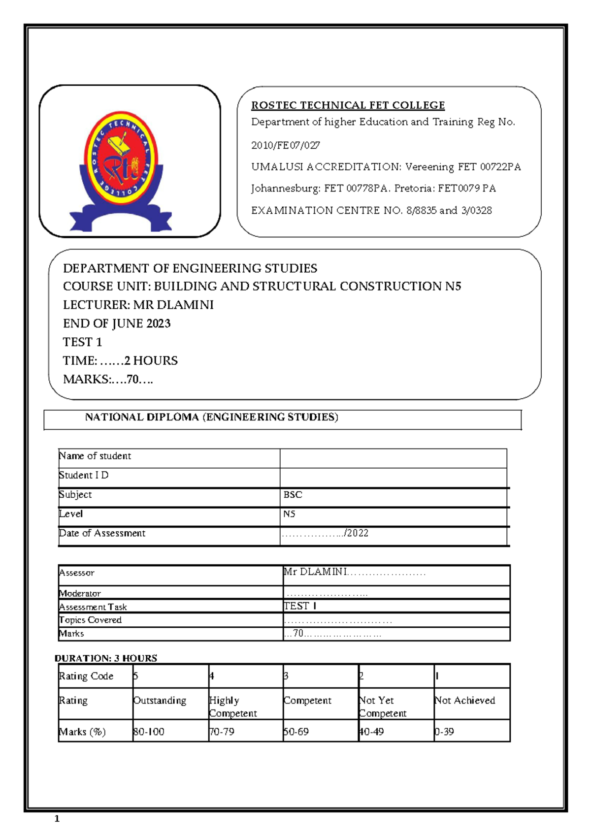 BSC N5 test 1 - Questions and solutions - ####### ROSTEC TECHNICAL FET ...