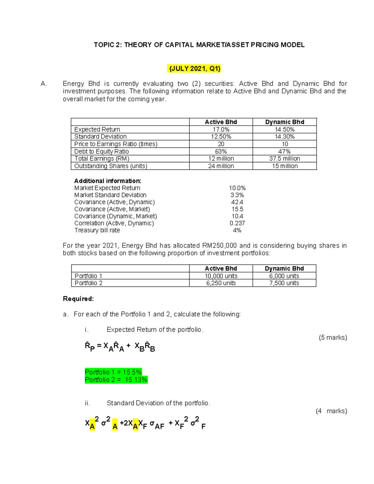 Tutorial Answer Topic 2 - TOPIC 2: THEORY OF CAPITAL MARKET/ASSET ...