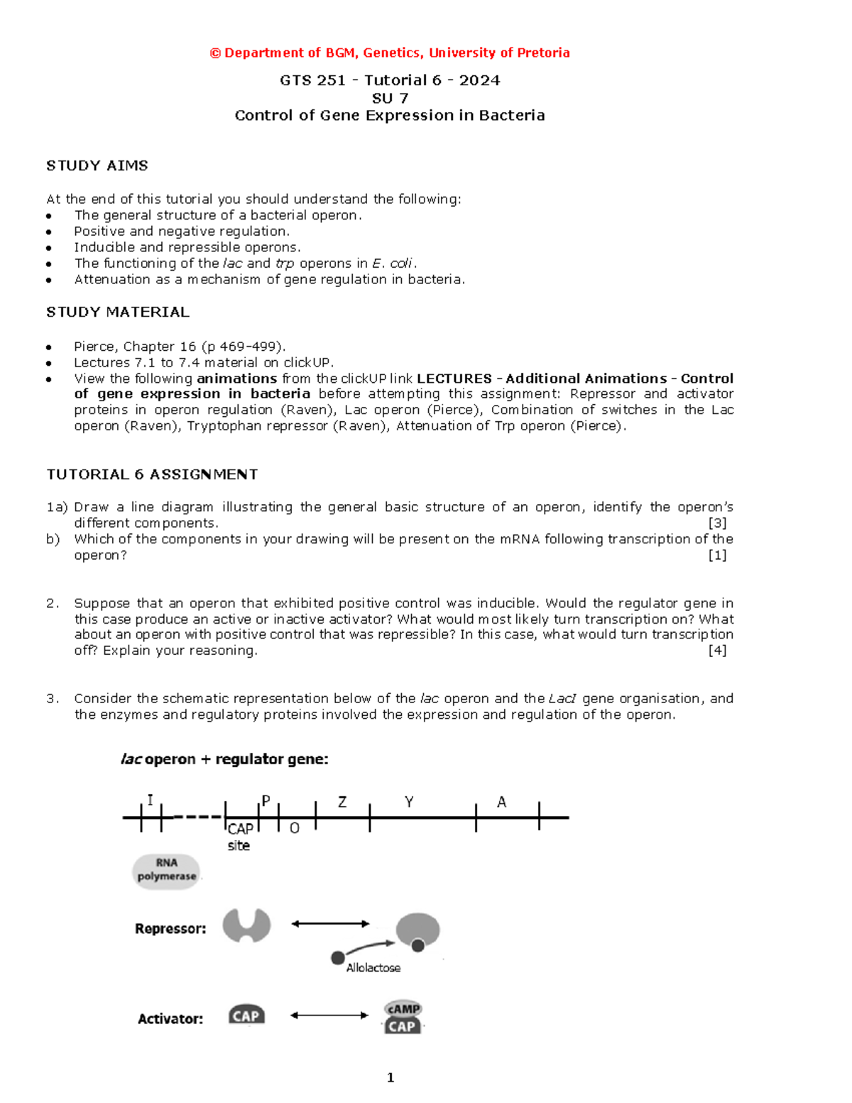Tutorial 6 Assignment - © Department of BGM, Genetics, University of ...