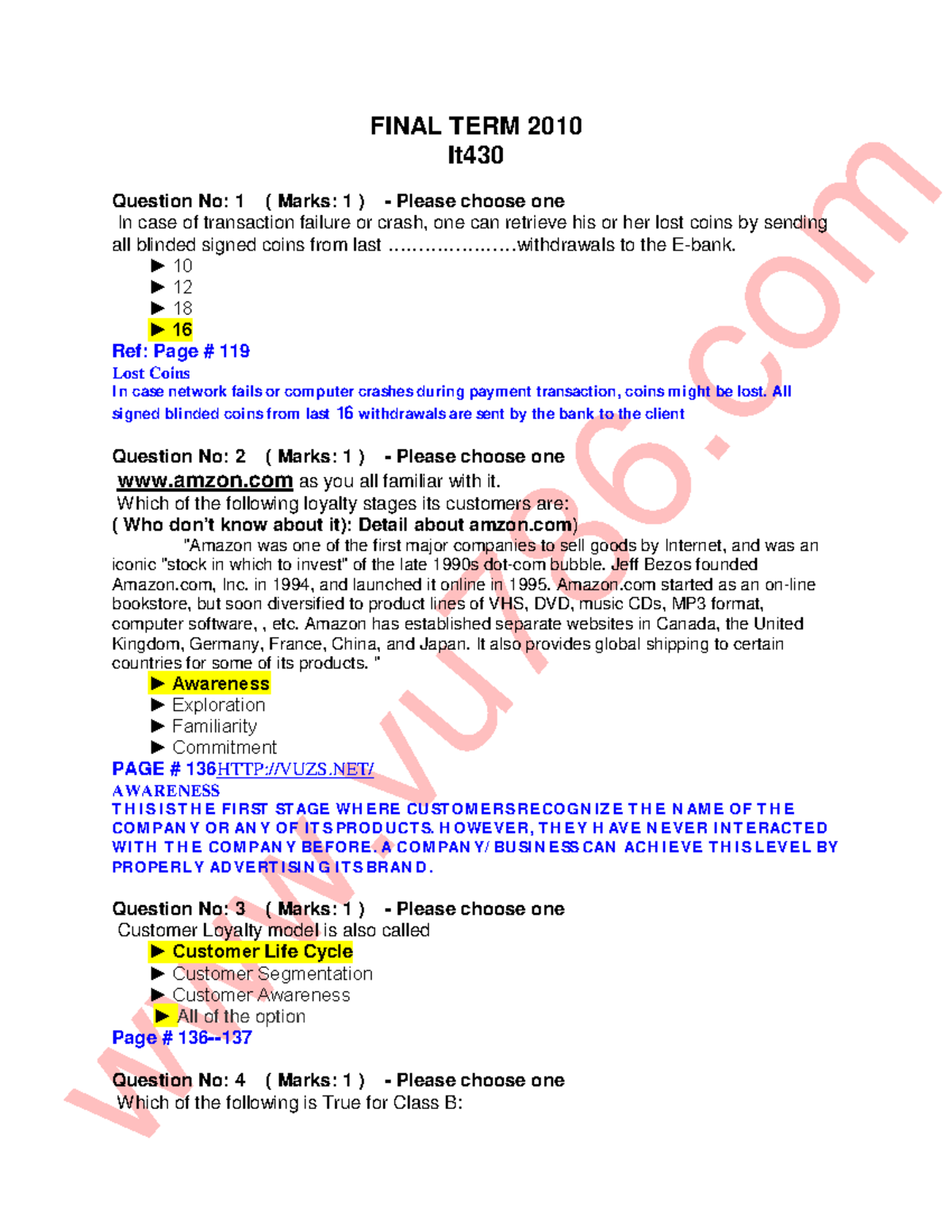 IT 430 2010 - FINAL TERM 2010 It Question No: 1 ( Marks: 1 ) - Please ...