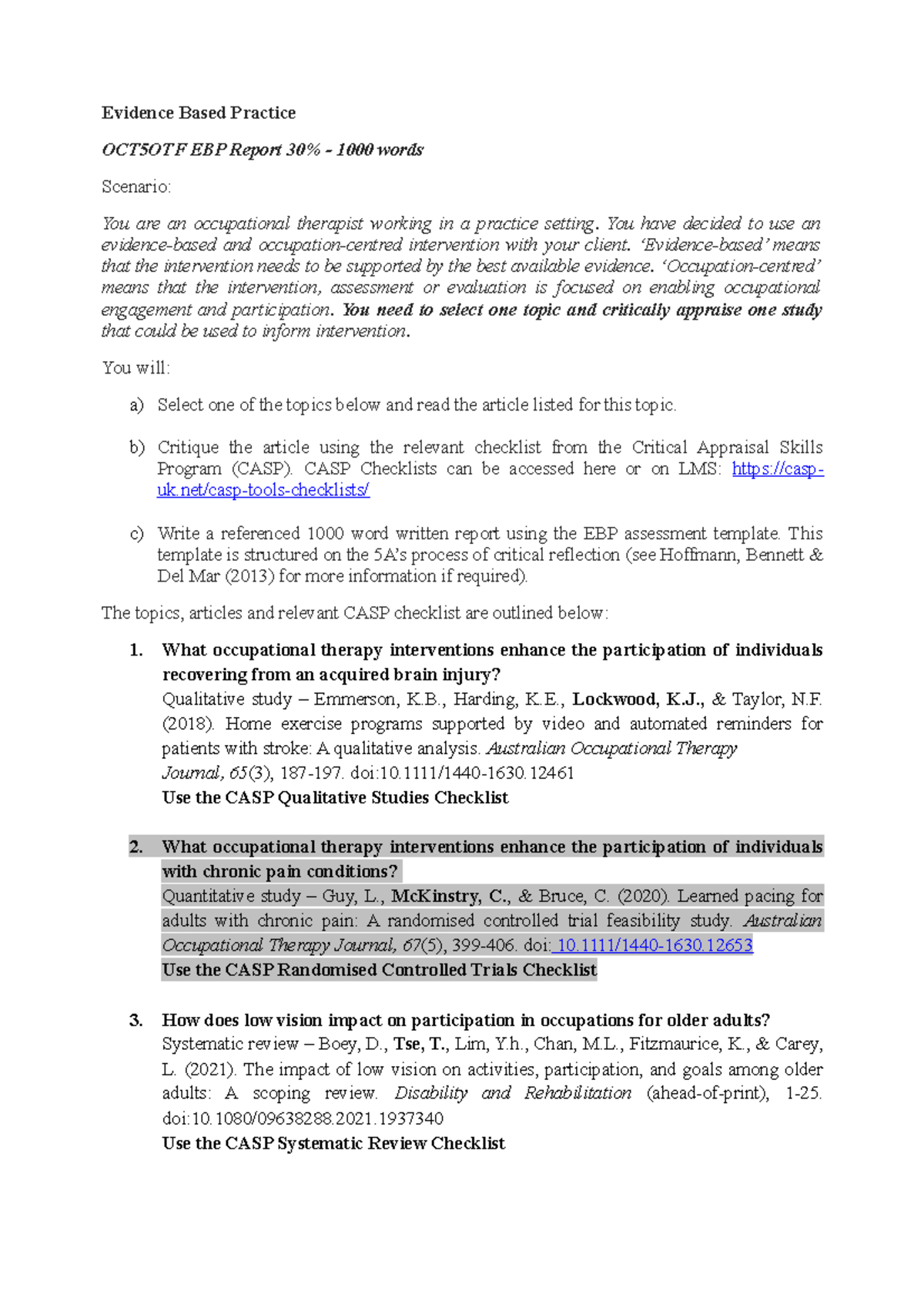 EBP assessment instructions 2022 - Evidence Based Practice OCT5OTF EBP ...
