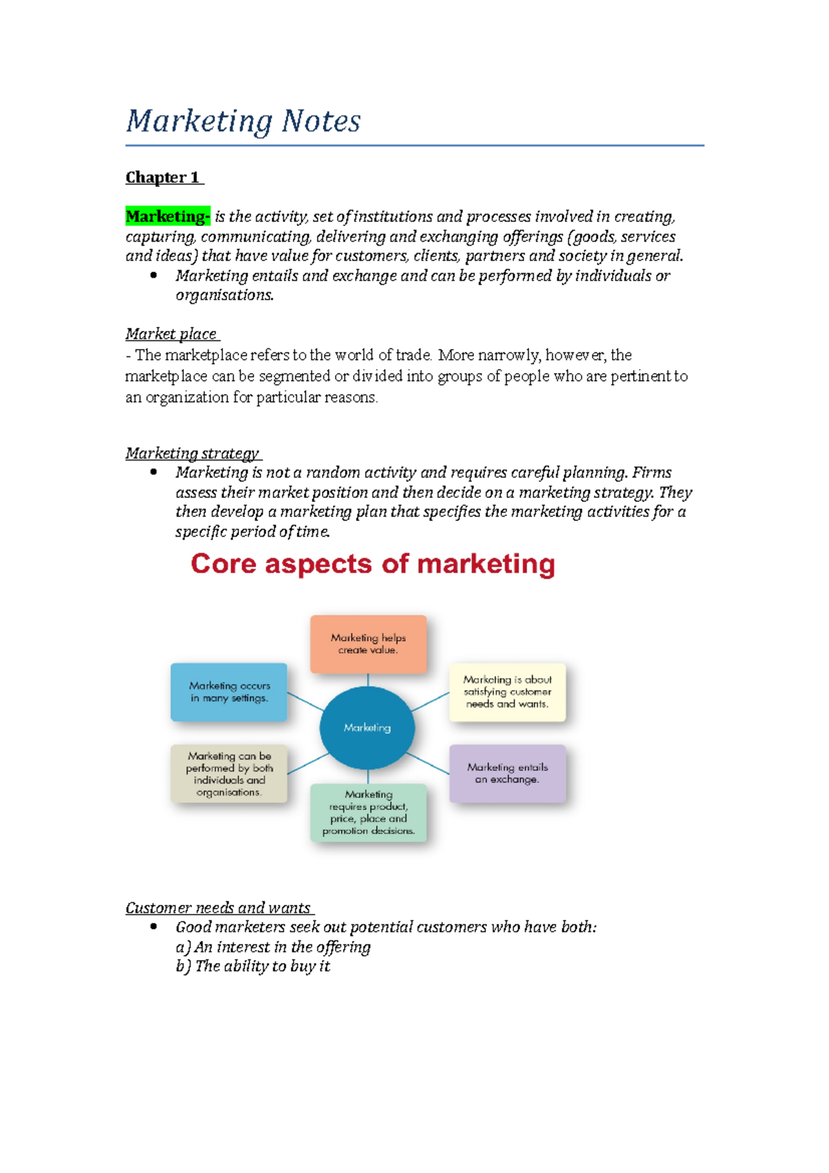 Marketing Notes - Marketing Notes Chapter 1 Marketing- is the activity ...