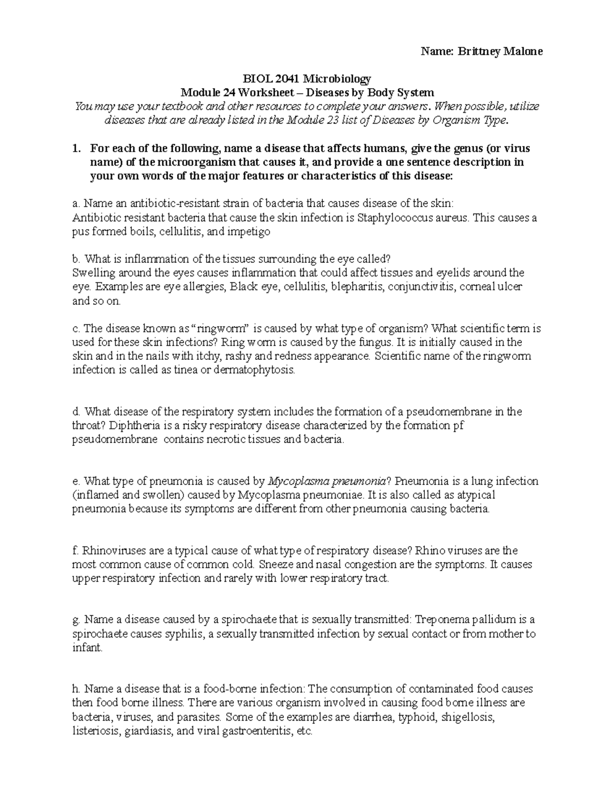 BIOL 2041 Module 24 Diseases by Body System Worksheet - Name: Brittney ...