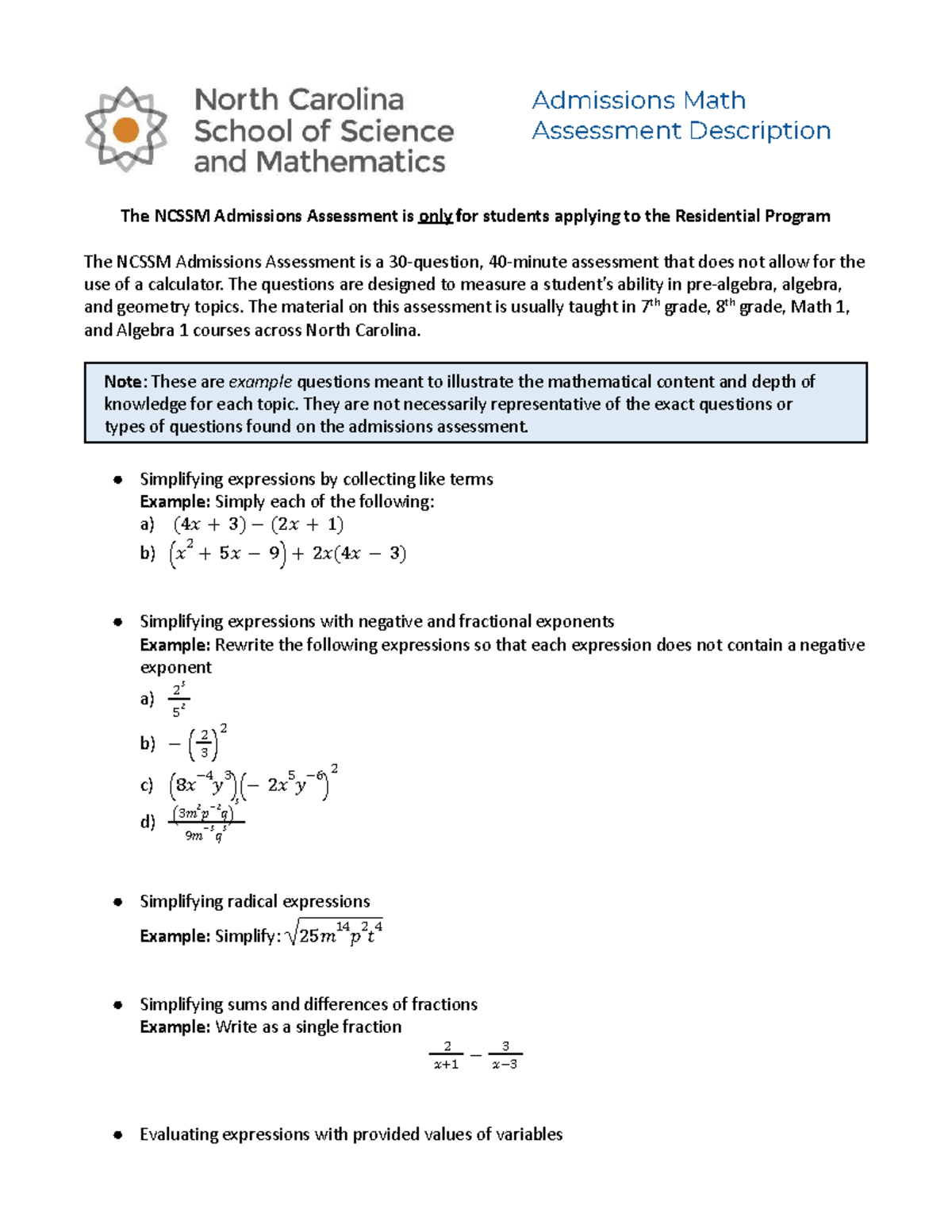 Math Admissions Test Description.docx - Admissions Math Assessment ...