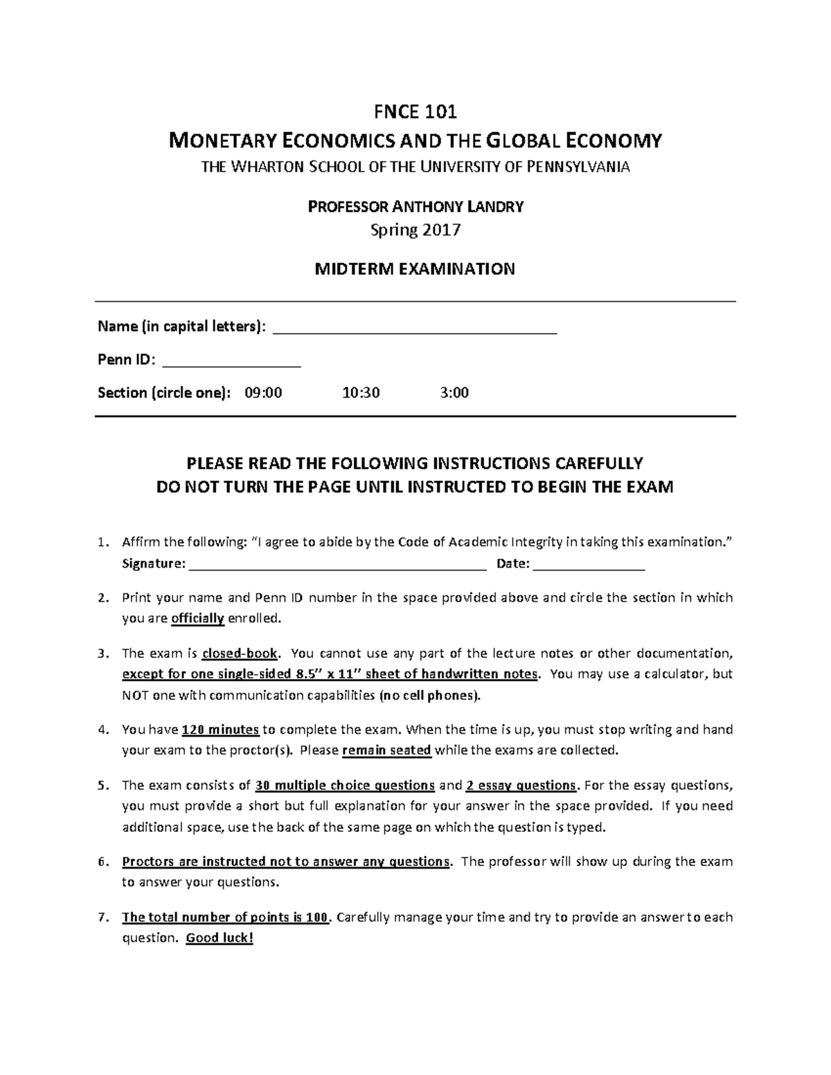 Midterm Landry FNCE 101 2017 - FNCE 101 MONETARY ECONOMICS AND THE GLOBAL ECONOMY THE WHARTON ...