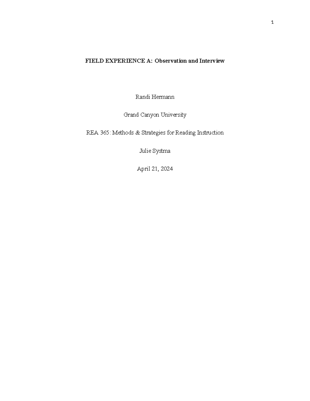 Field Experience A Observation AND Interview - FIELD EXPERIENCE A ...