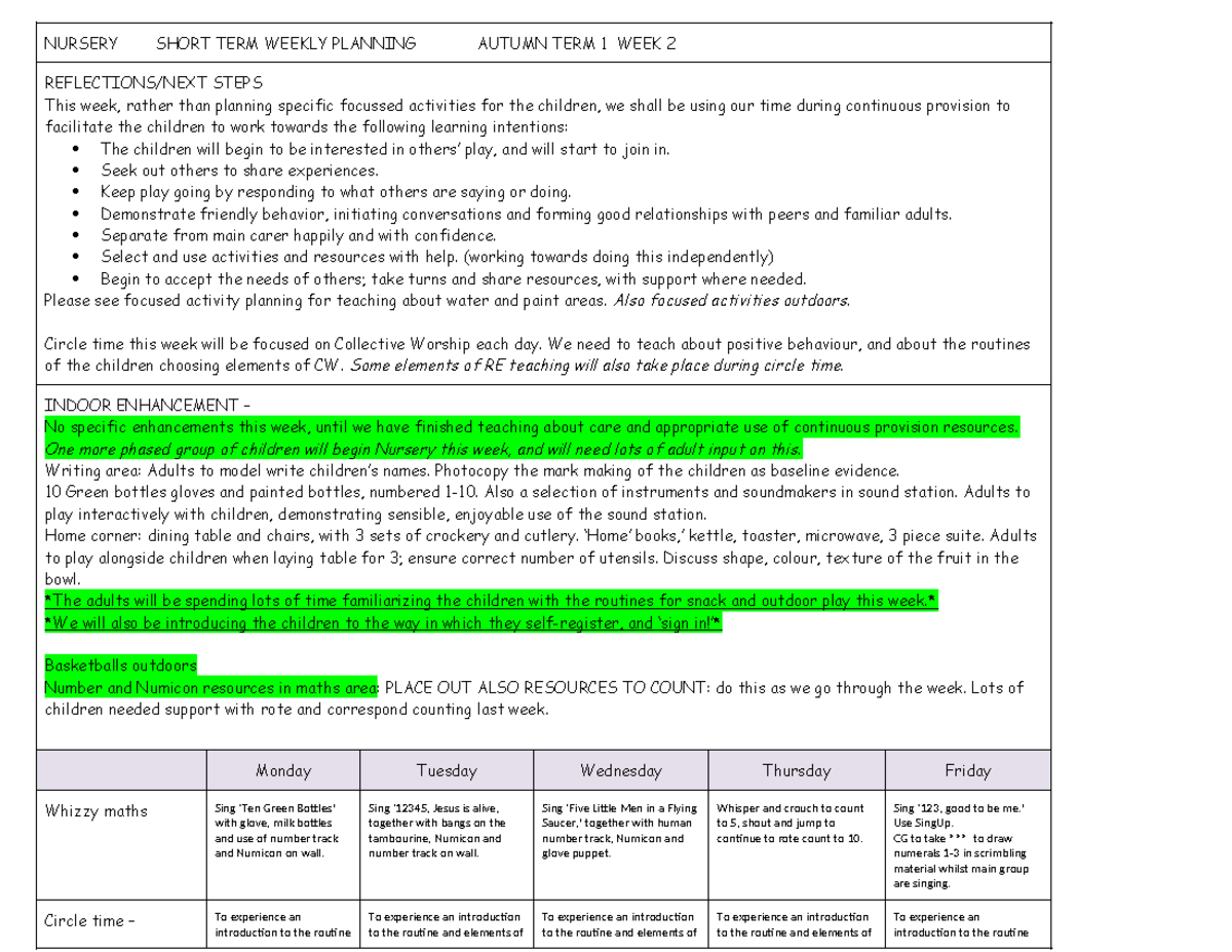 Nursery planning Autumn 1 2016 - REFLECTIONS/NEXT STEPS This week ...