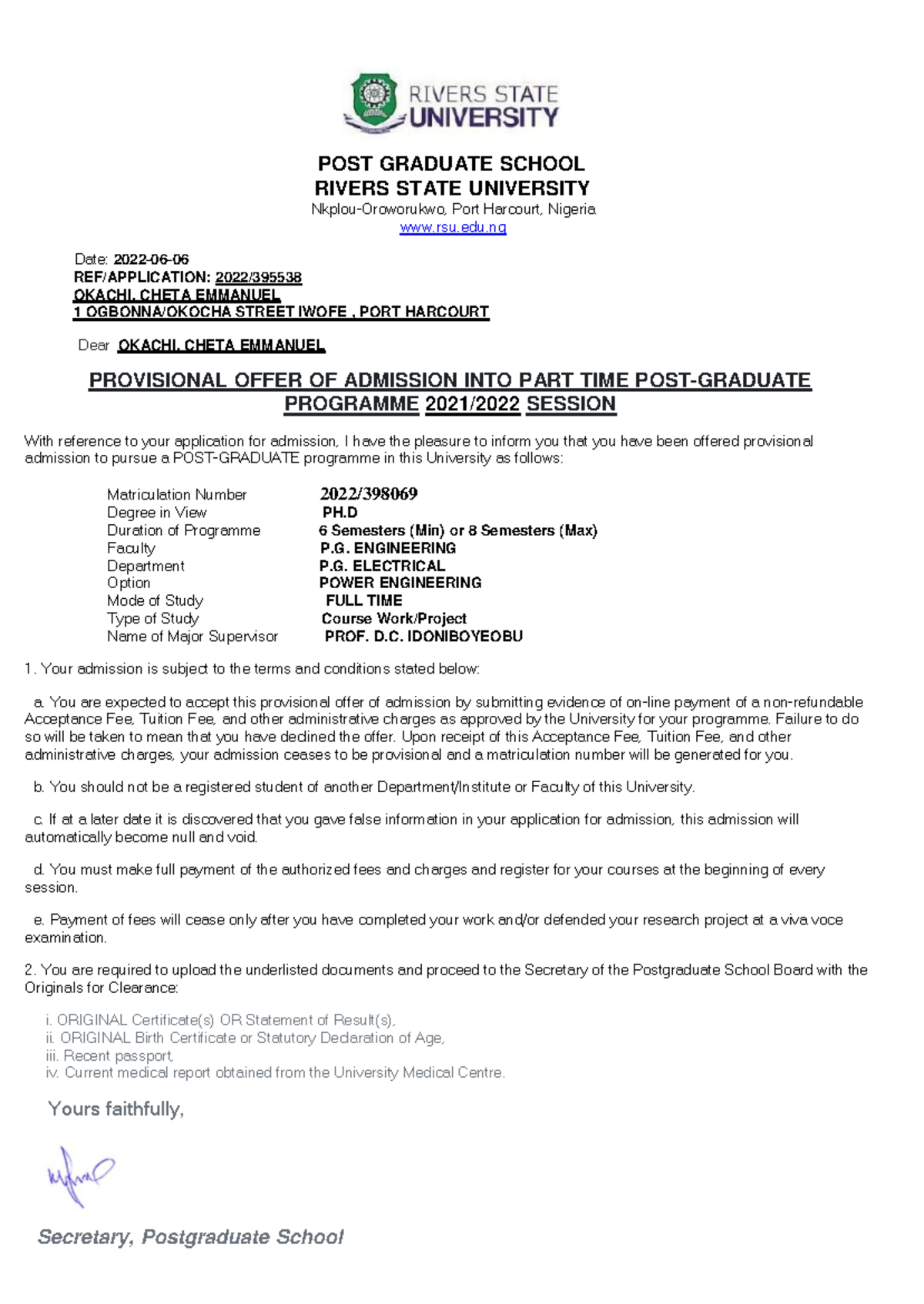 PHD Admission Letter 2022 Okachi Cheta Emmanuel - POST GRADUATE SCHOOL ...