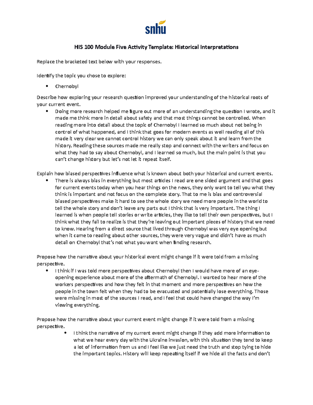 HIS 100 Module Five Activity Template - Identify the topic you chose to ...