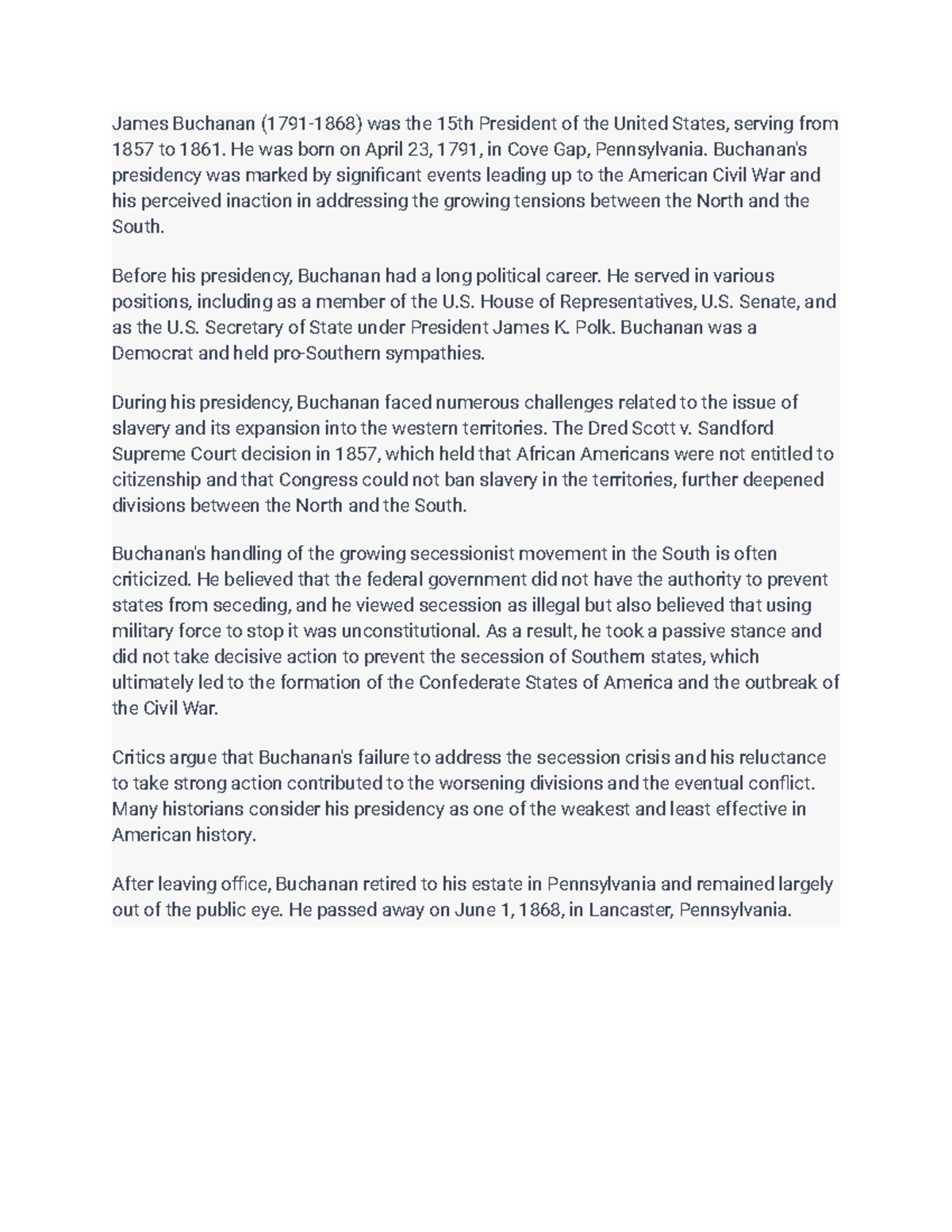 James Buchanan - He was born on April 23, 1791, in Cove Gap ...