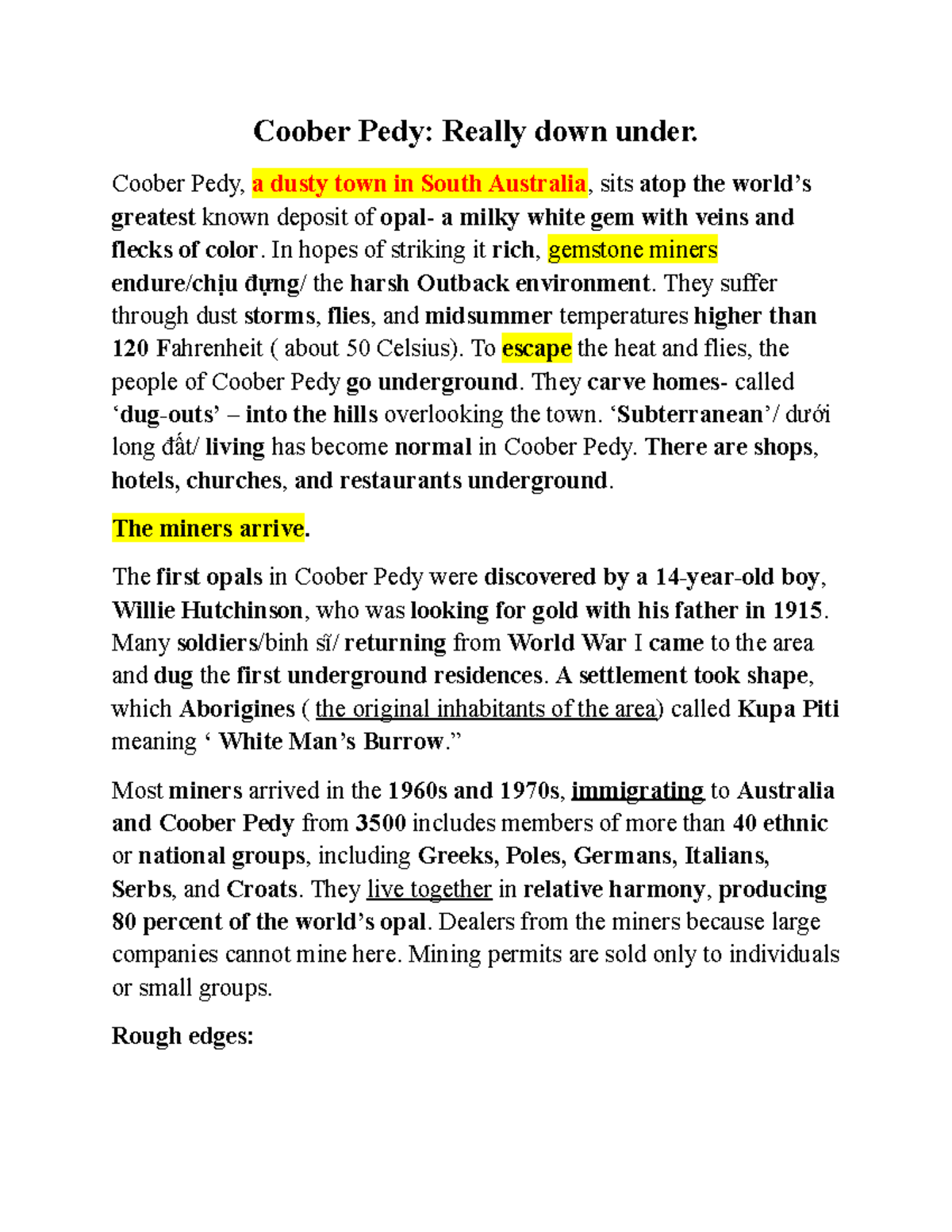 1 - unit 1 - Coober Pedy: Really down under. Coober Pedy, a dusty town ...