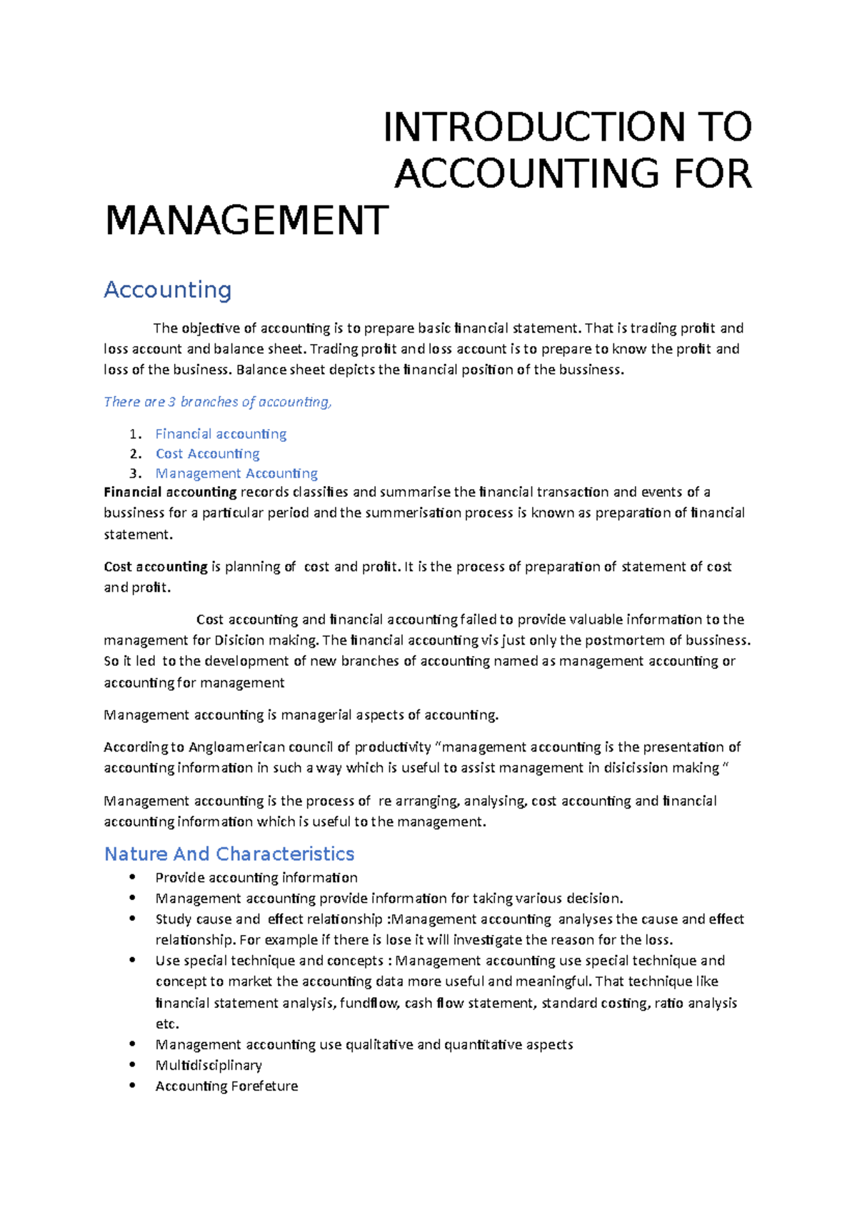 Management Accounting - INTRODUCTION TO ACCOUNTING FOR MANAGEMENT ...