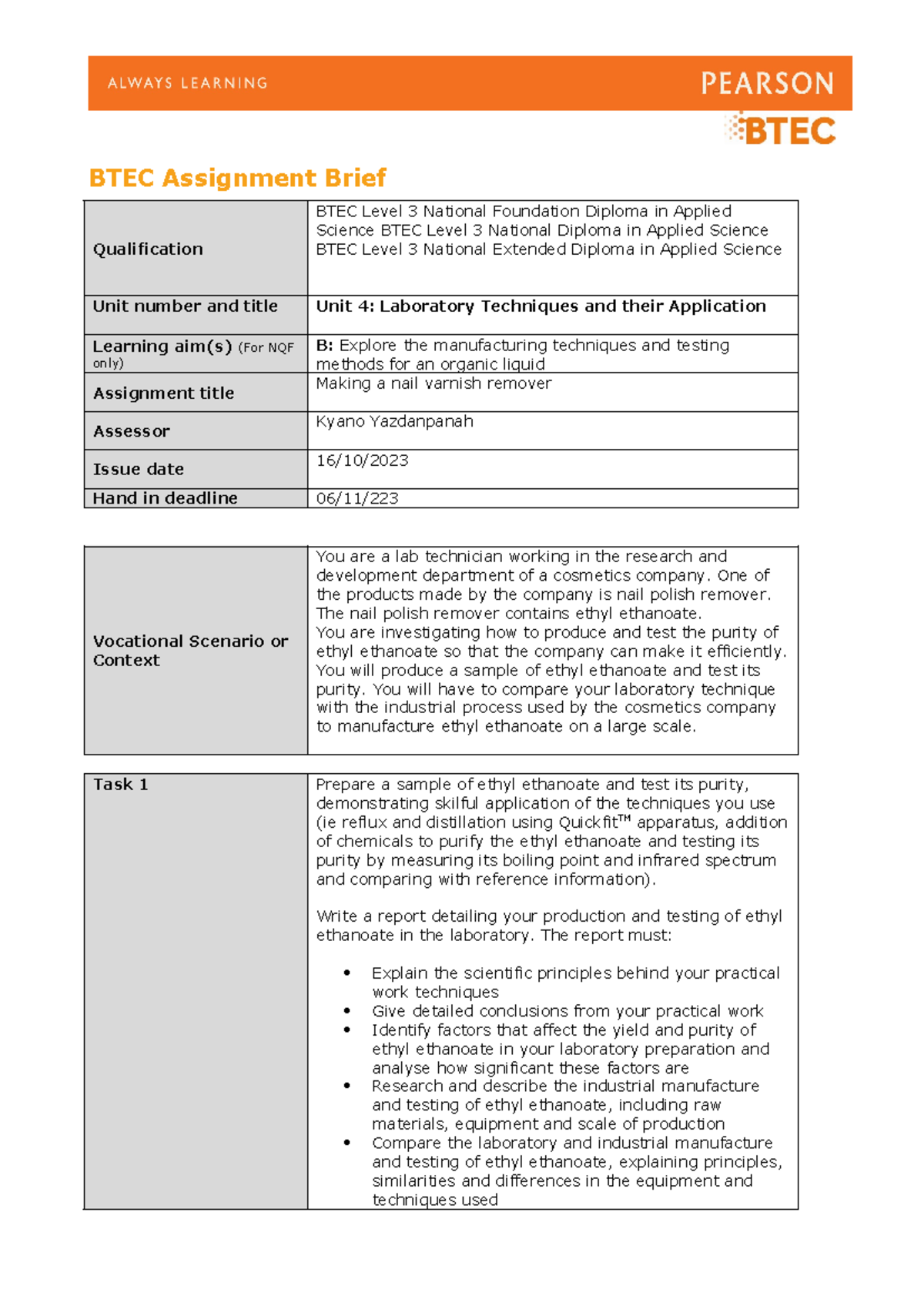 Assignment Brief For Learning Aim B Unit 4 Btec Assignment Brief Qualification Btec Level 3
