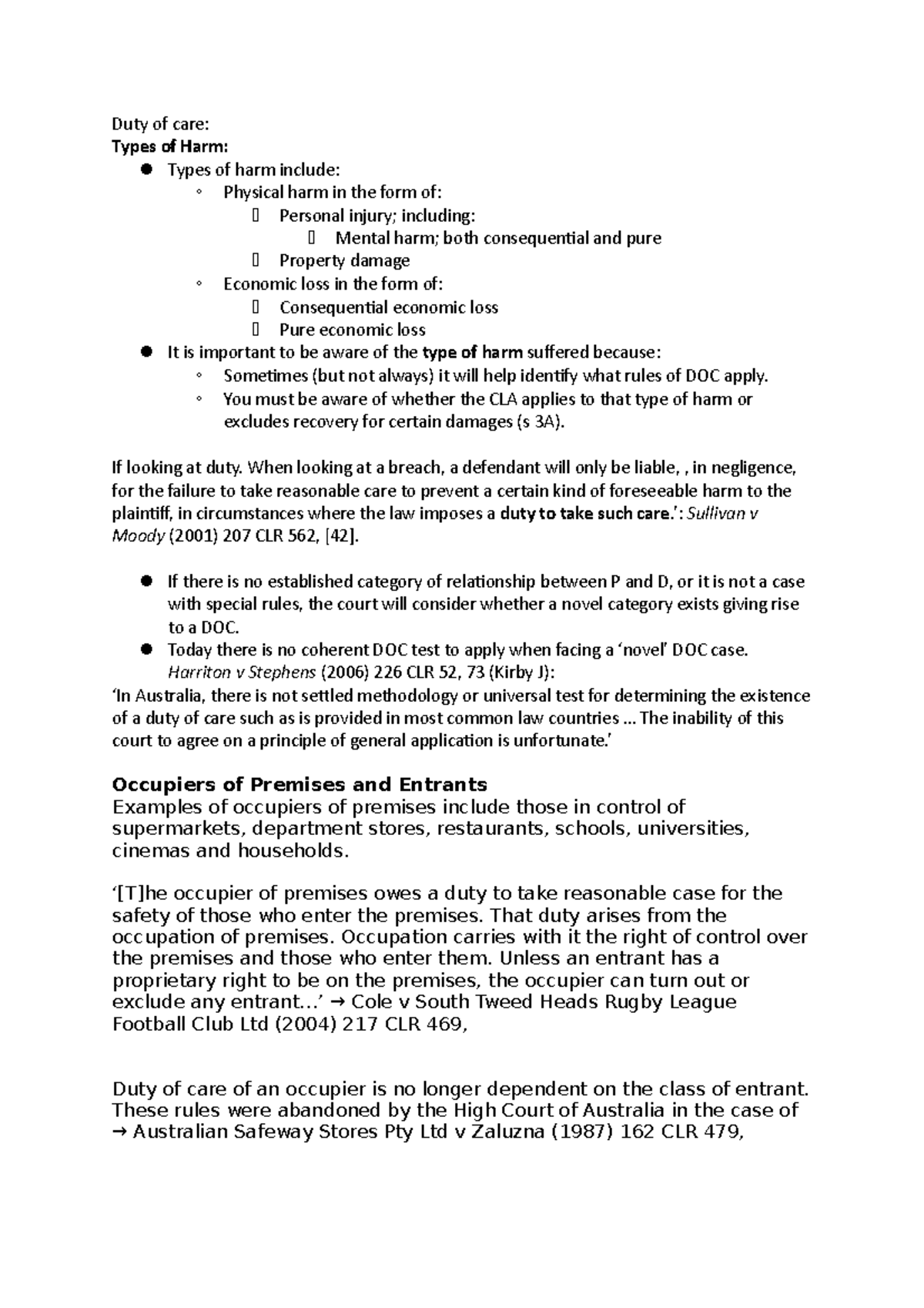 Duty Noties - notes - Duty of care: Types of Harm: Types of harm ...