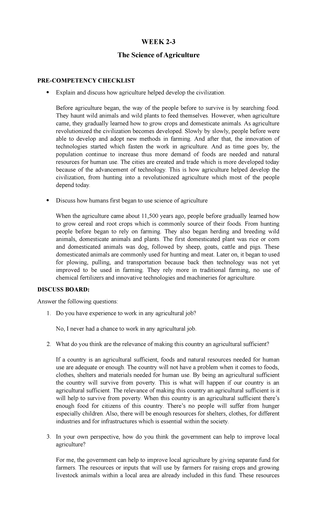 Agri 2-WEEK 2-3 - Agriculture notes and answer - WEEK 2- The Science of ...