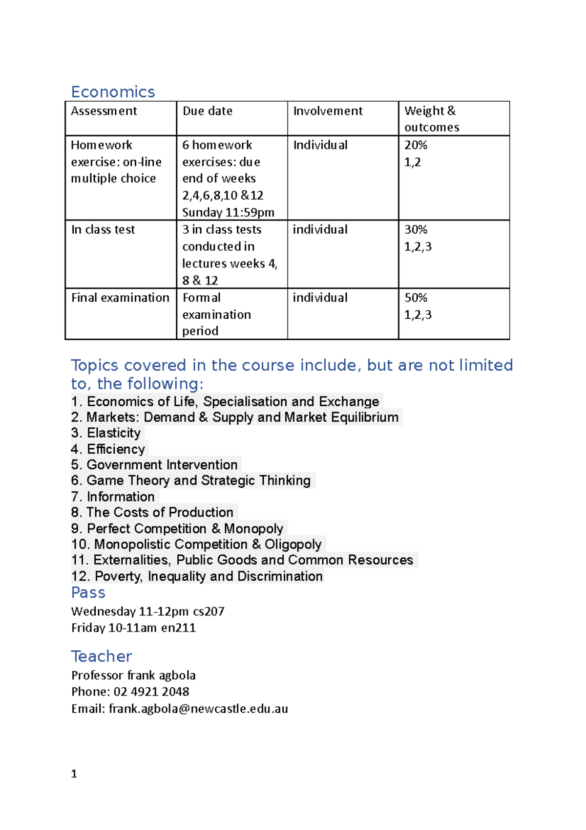 Economics - Economics Assessment Due date Involvement Weight & outcomes ...