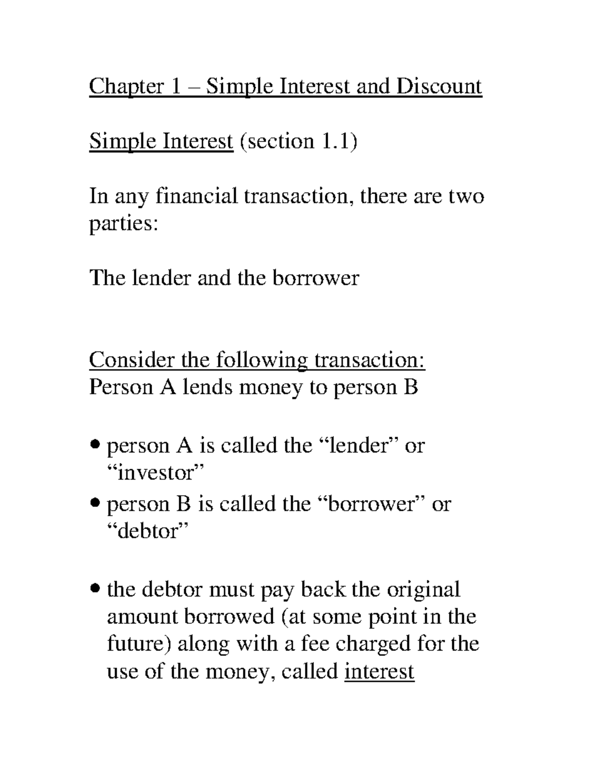 Section 1 - Lecture notes pdf - Chapter 1 – Simple Interest and ...