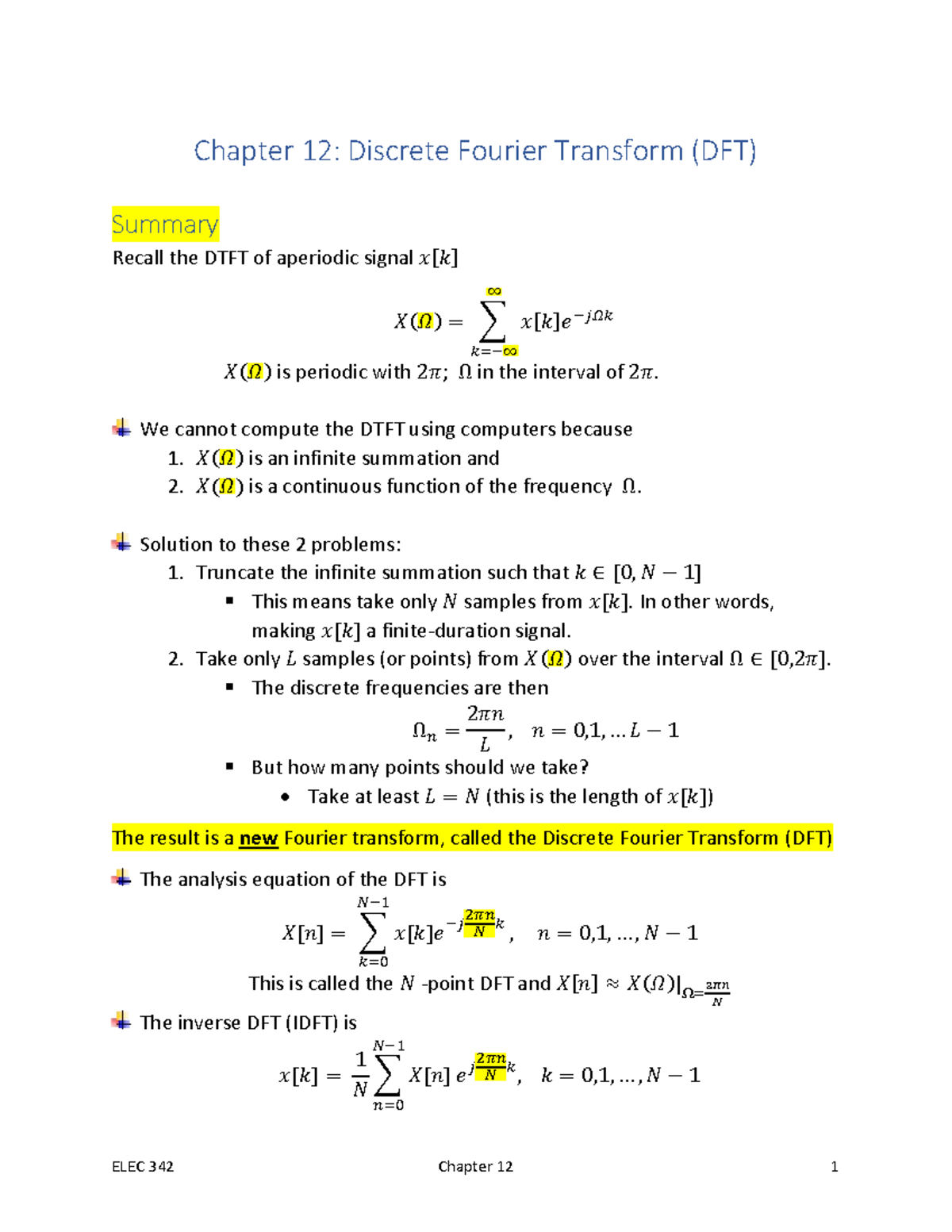 Elec 342 notes ch 12 - chp 12 - Chapter 12: Discrete Fourier Transform ...