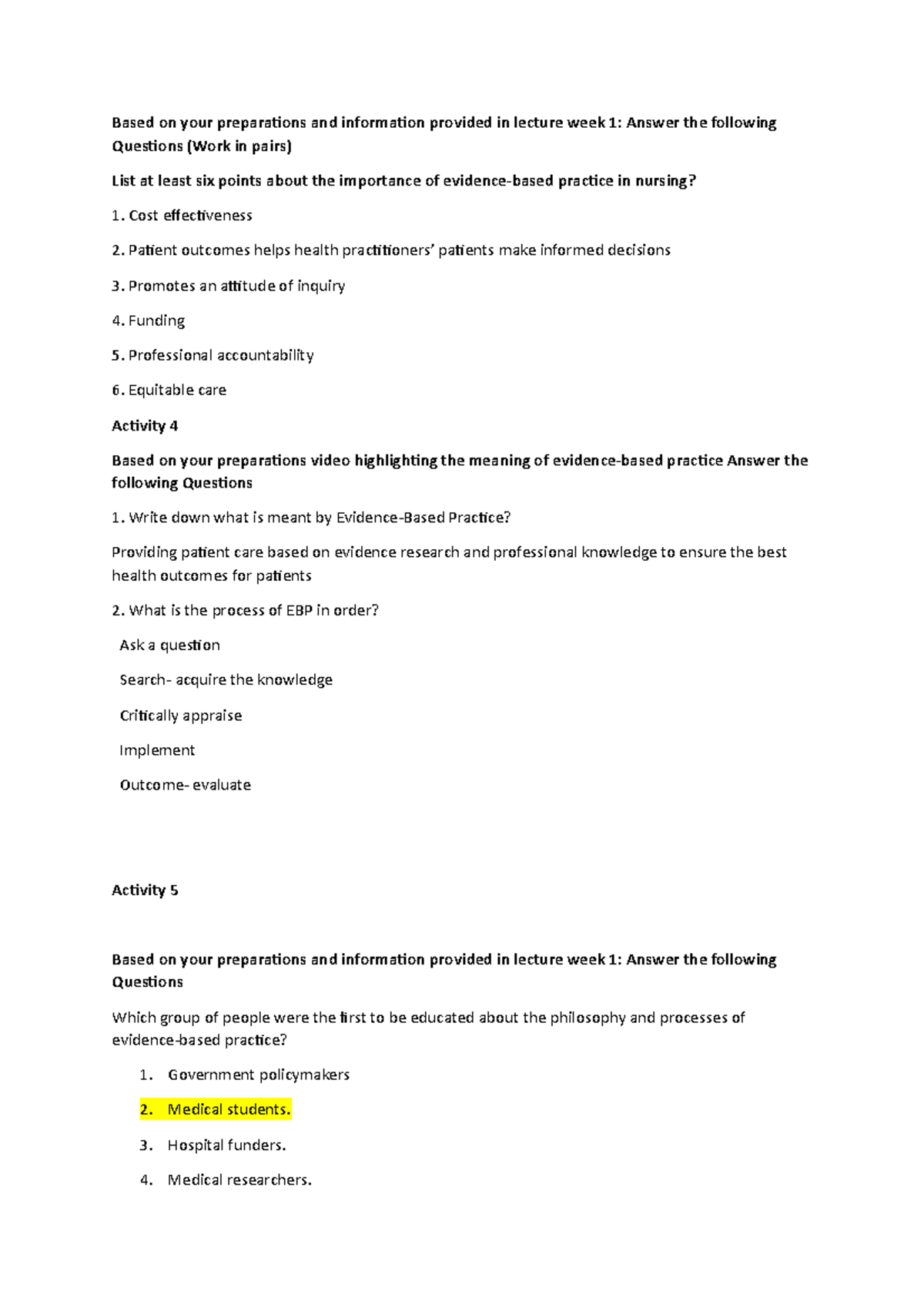 Week 1 tutorial - Based on your preparations and information provided ...