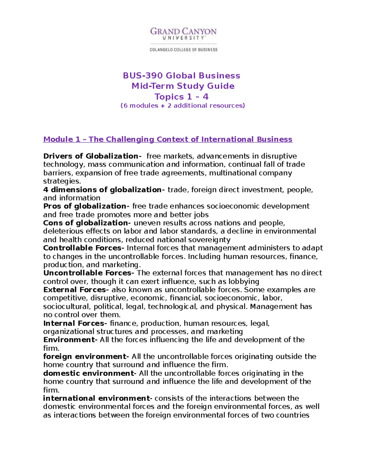 BUS390 Midterm Study Guide Aug 2023 - BUS-390 Global Business Mid-Term Study Guide Topics 1 – 4 ...