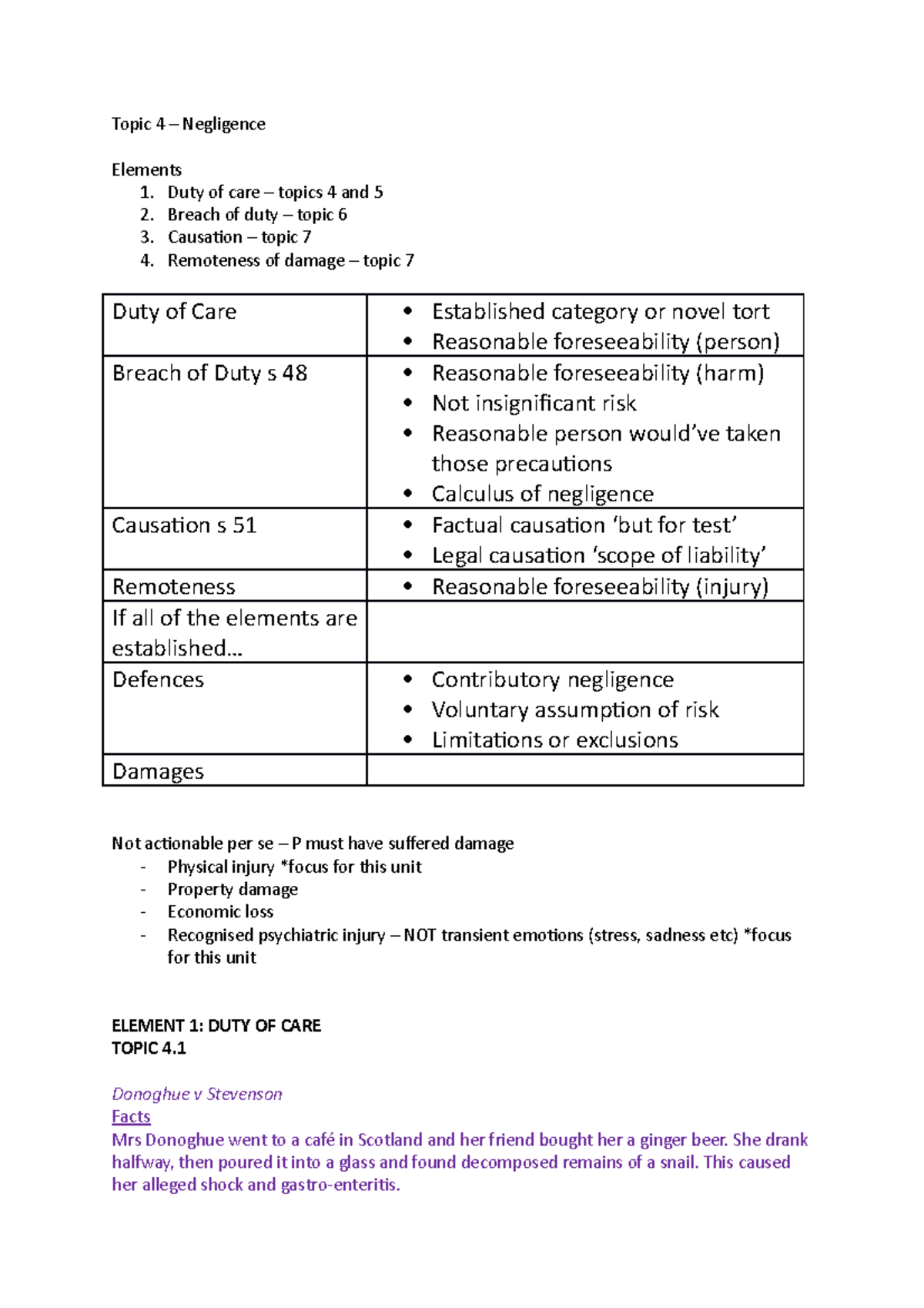 Torts MLL213 Topic 4 Lecture Notes - Topic 4 – Negligence Elements 1 ...