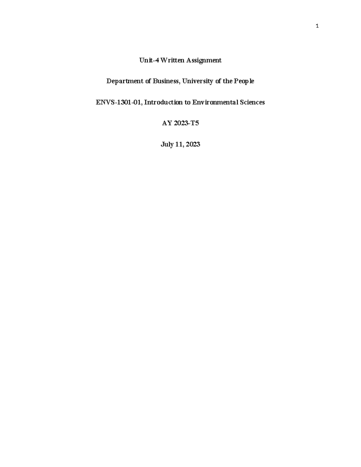 ENVS-1301 Unit-4 Written Assignment - Unit-4 Written Assignment Department of Business ...