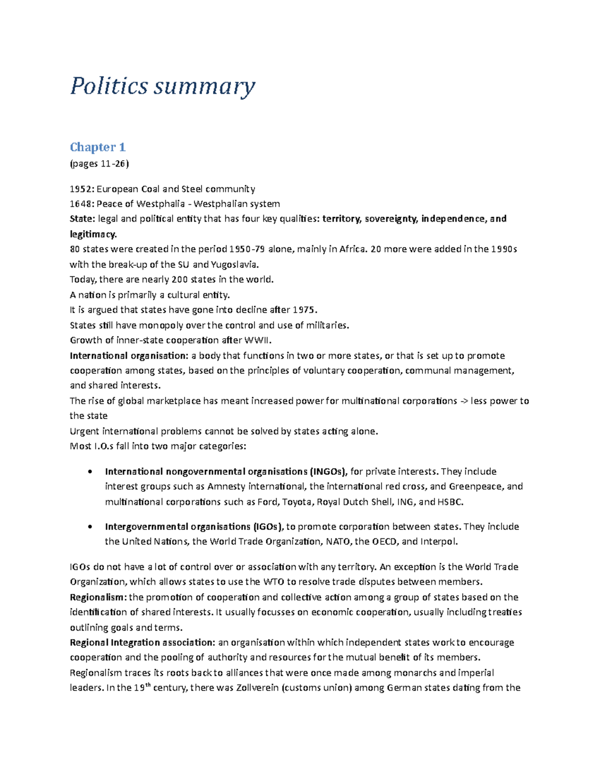 Politics Summary - Samenvatting - Politics summary Chapter 1 (pages 11 ...
