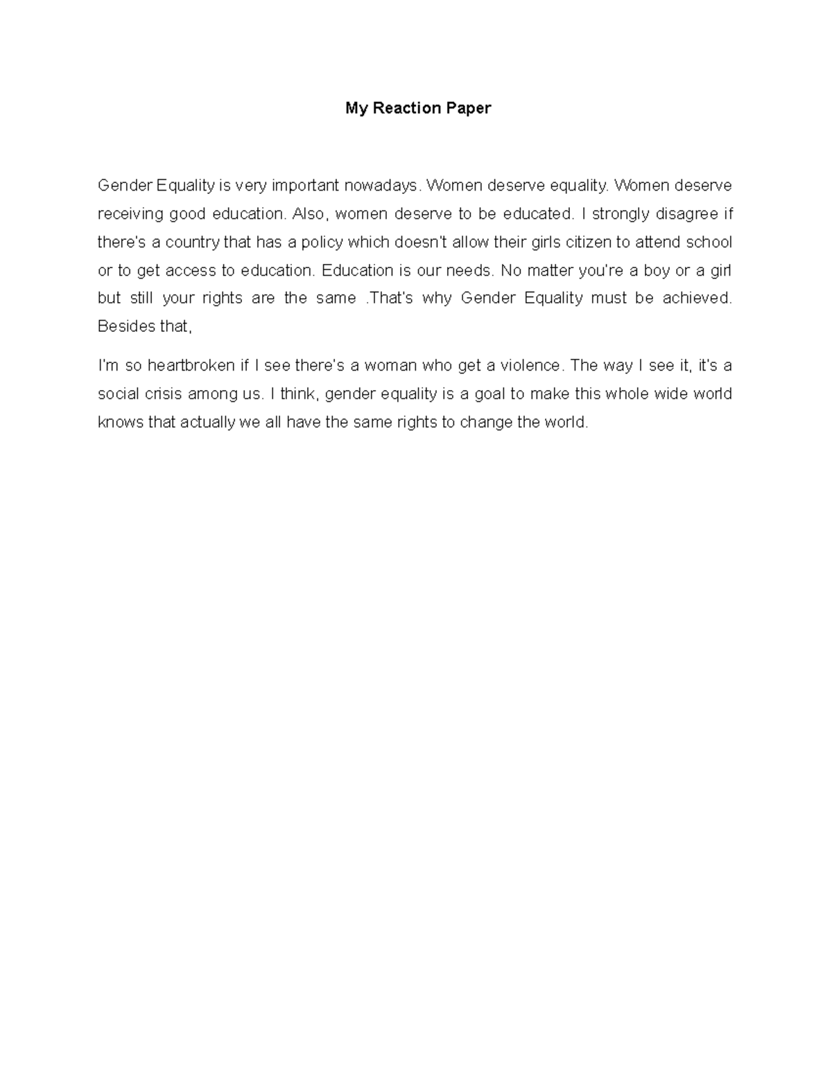 My Reaction Paper - My Reaction Paper Gender Equality is very important ...