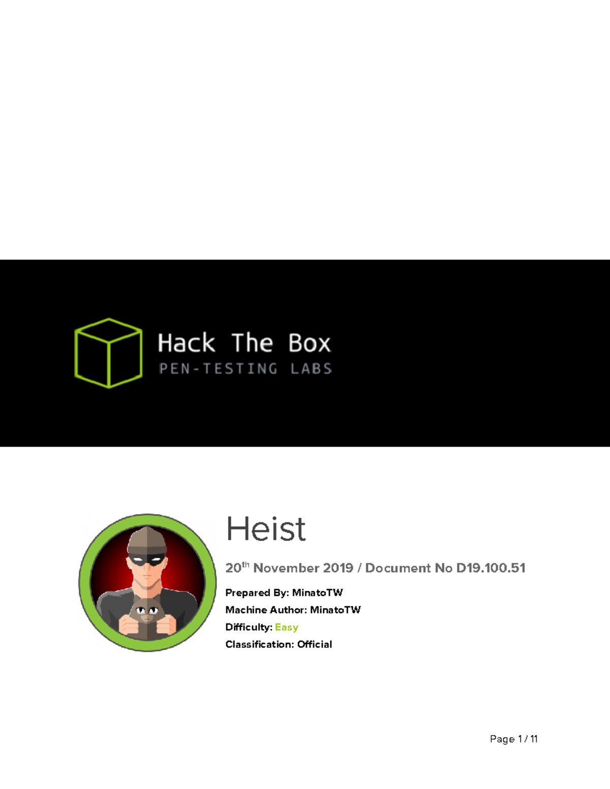Heist - Nothing - Heist 20 th November 2019 / Document No D19. Prepared ...