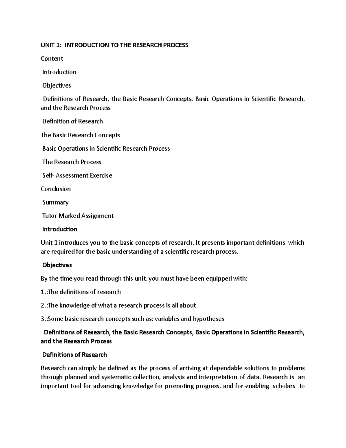 Chapter one - Notes - UNIT 1: INTRODUCTION TO THE RESEARCH PROCESS ...