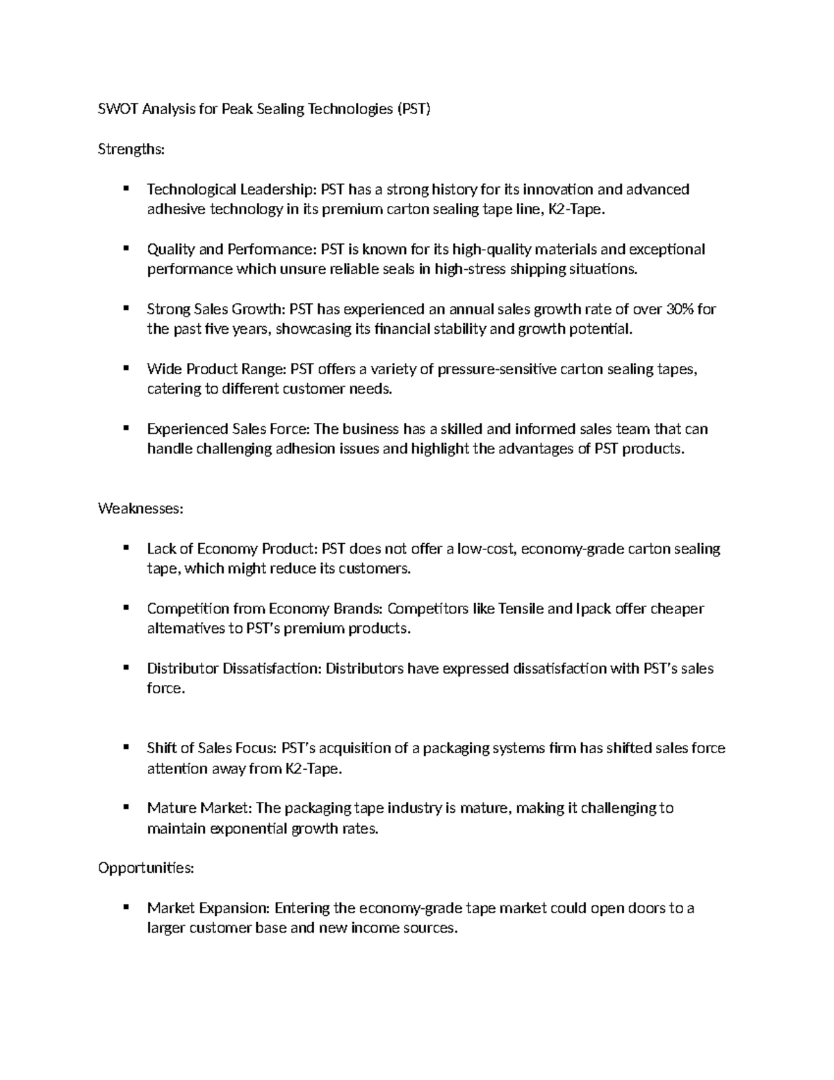 Brief reflection - SWOT Analysis for Peak Sealing Technologies (PST ...