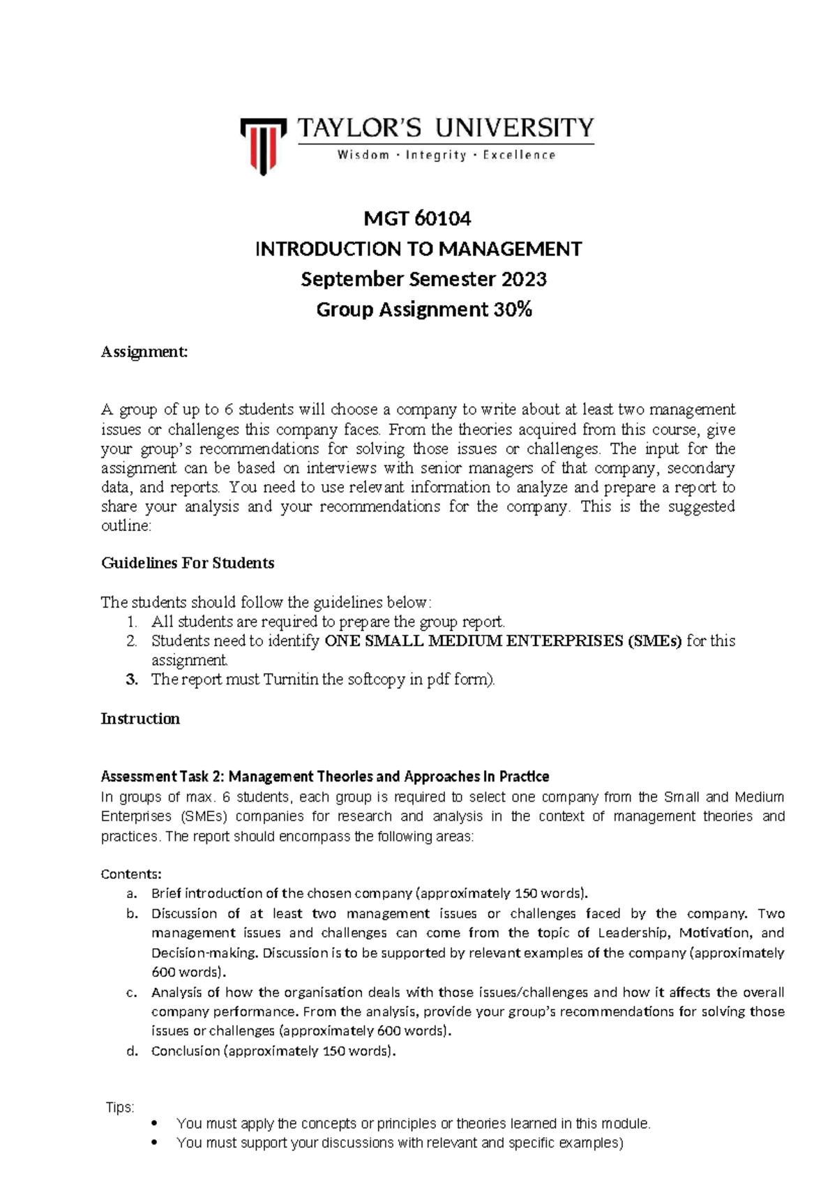 Group Assignment ITM - MGT 60104 INTRODUCTION TO MANAGEMENT September ...