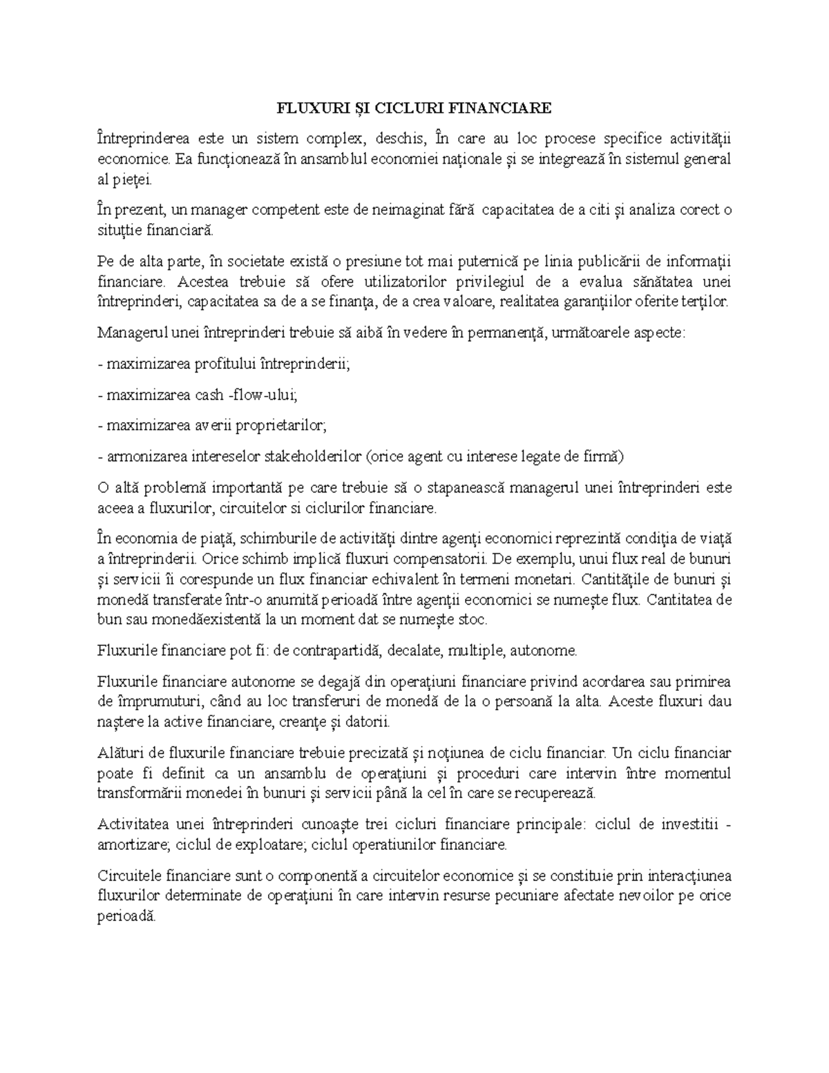Fluxuri ȘI Cicluri Financiare referat - FLUXURI ȘI CICLURI FINANCIARE ...