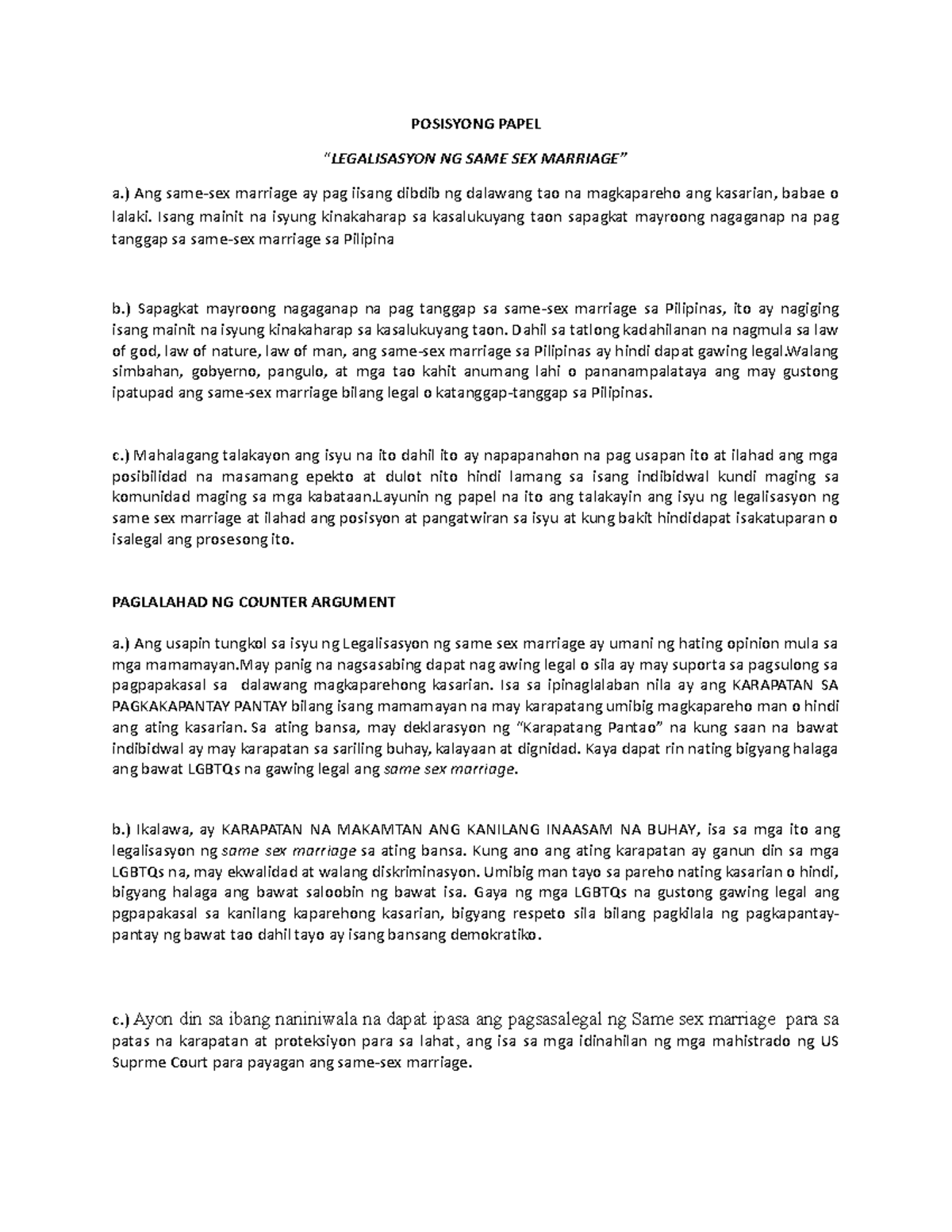 Posisyong Papel - The purpose of this term paper is to Demonstrate the ...