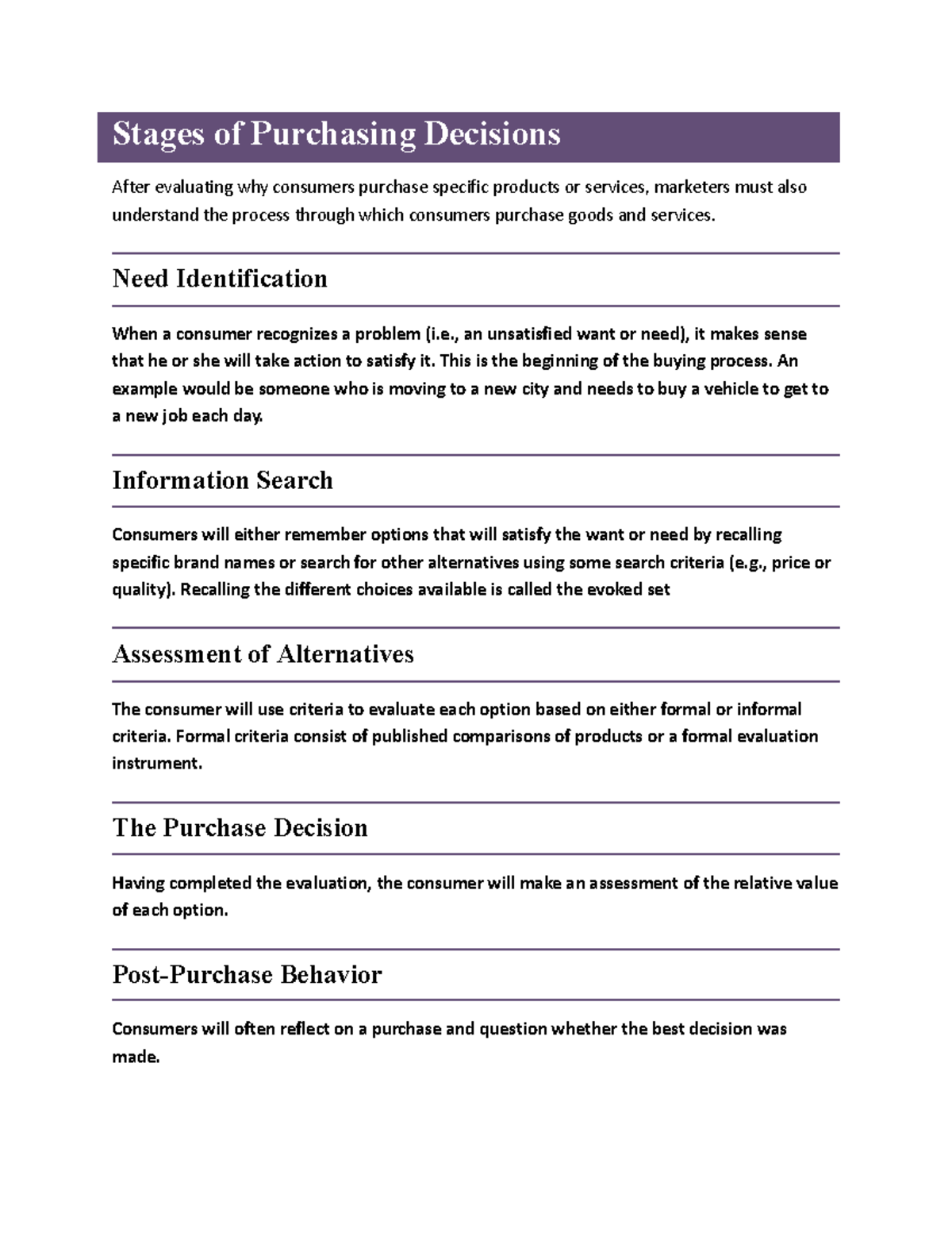 MKT315-ch.3 notes 2 book - Stages of Purchasing Decisions After ...