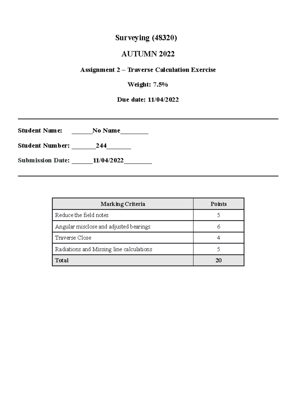Surveying - Assignment 2 - Surveying (48320) AUTUMN 2022 Assignment 2 ...